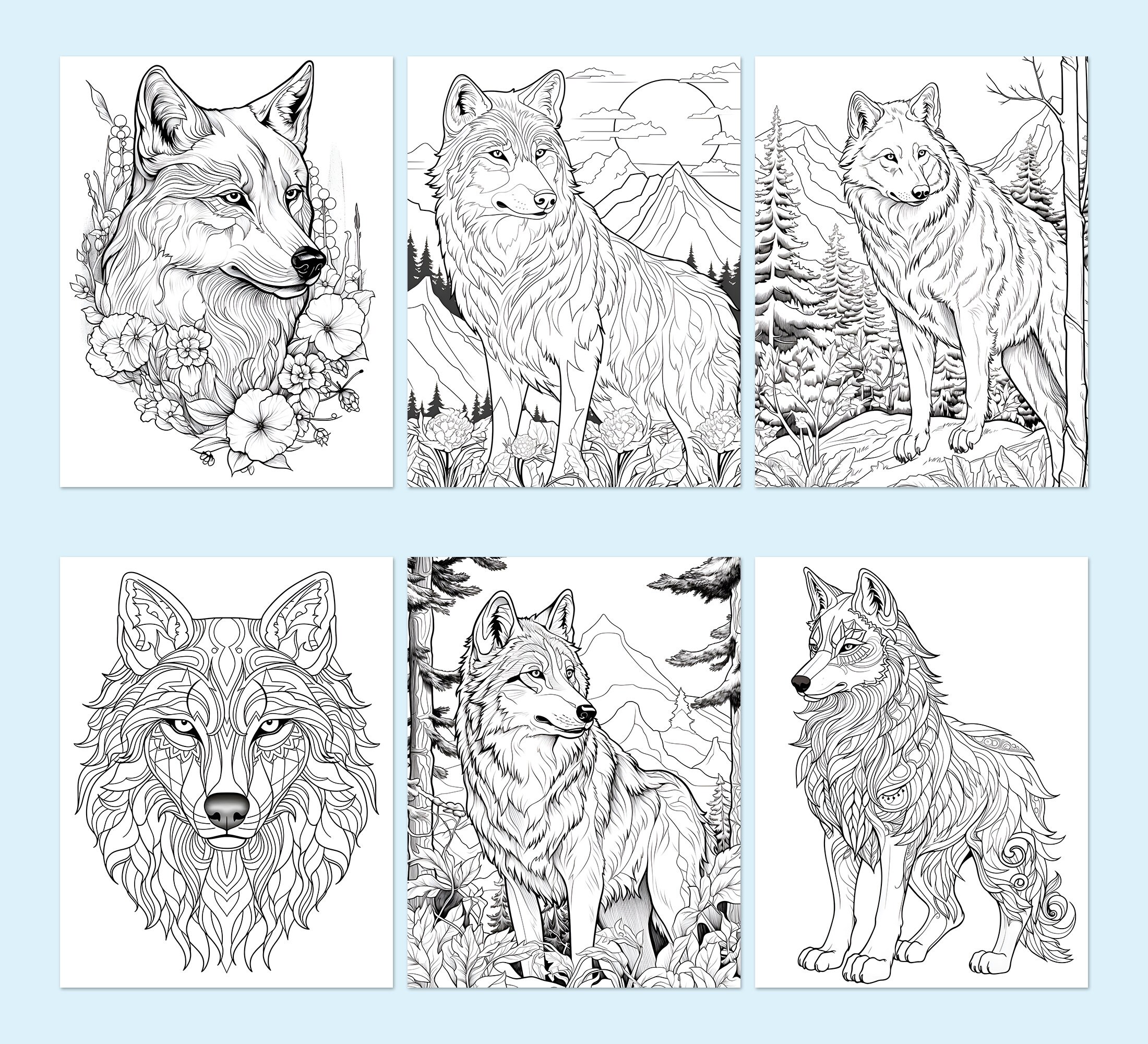 Wolf Coloring Book Adults Kids Activity Pages Animal Coloriage Sheets ...