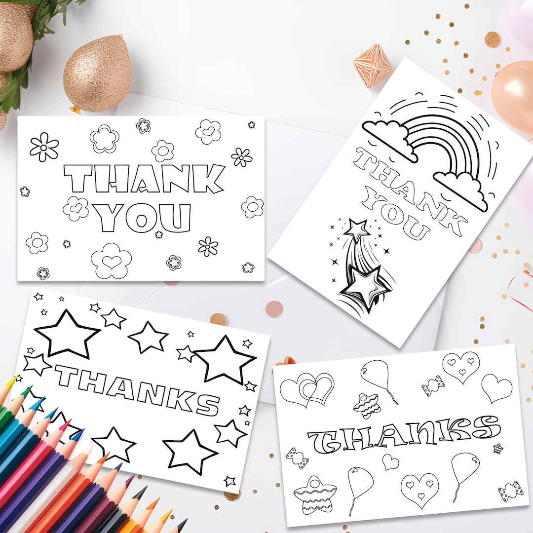 Thanks You Coloring Cards Gift Set Digital Page Kids All Ages DIY ...