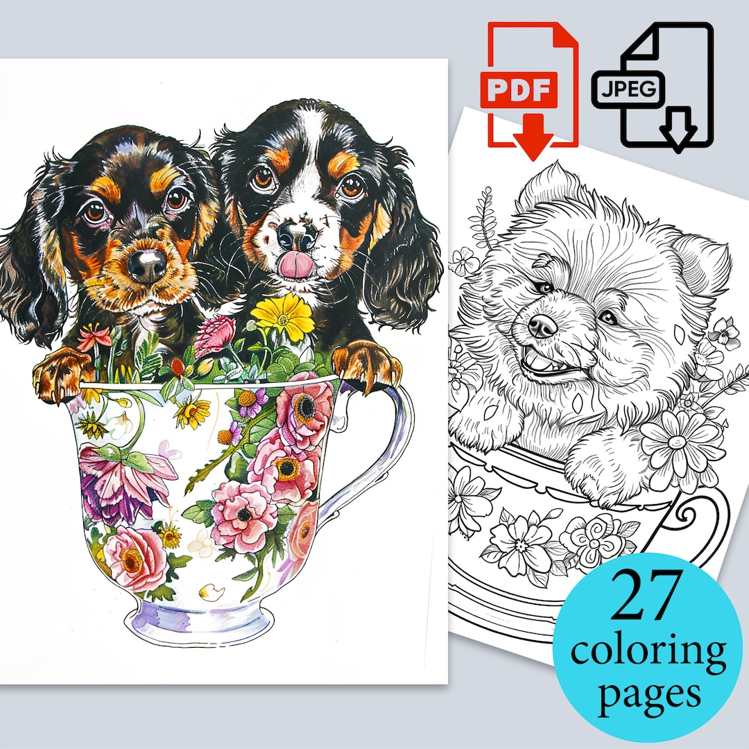 Dogs Coloring Pages Pets in Teacup With Flowers Book Kids Adult Puppies ...