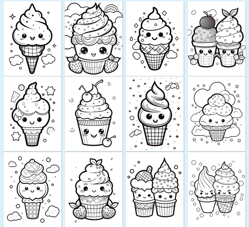 Ice Cream Coloring Book Kawaii Kids Activity Pages Toddler Sheets ...