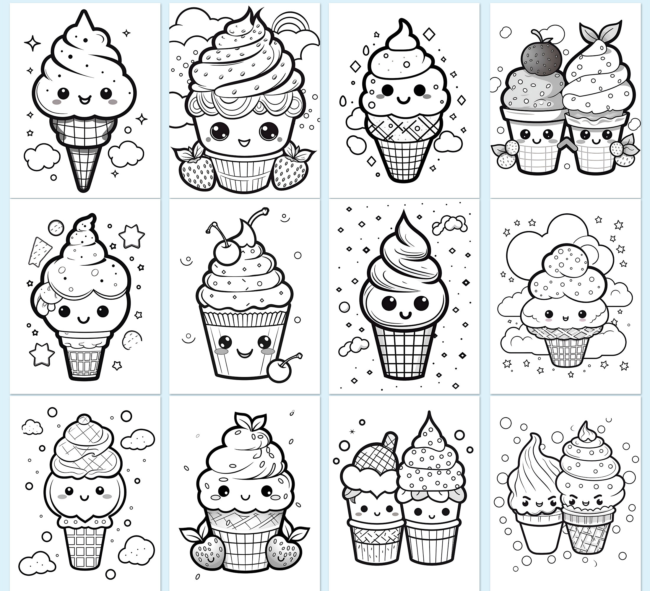 Ice Cream Coloring Book Kawaii Kids Activity Pages Toddler Sheets ...
