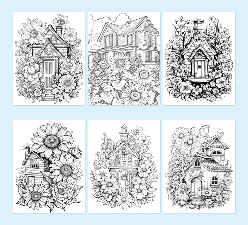 Flower Houses Coloring Pages Floral Book Botanical Adult Activity Kids ...