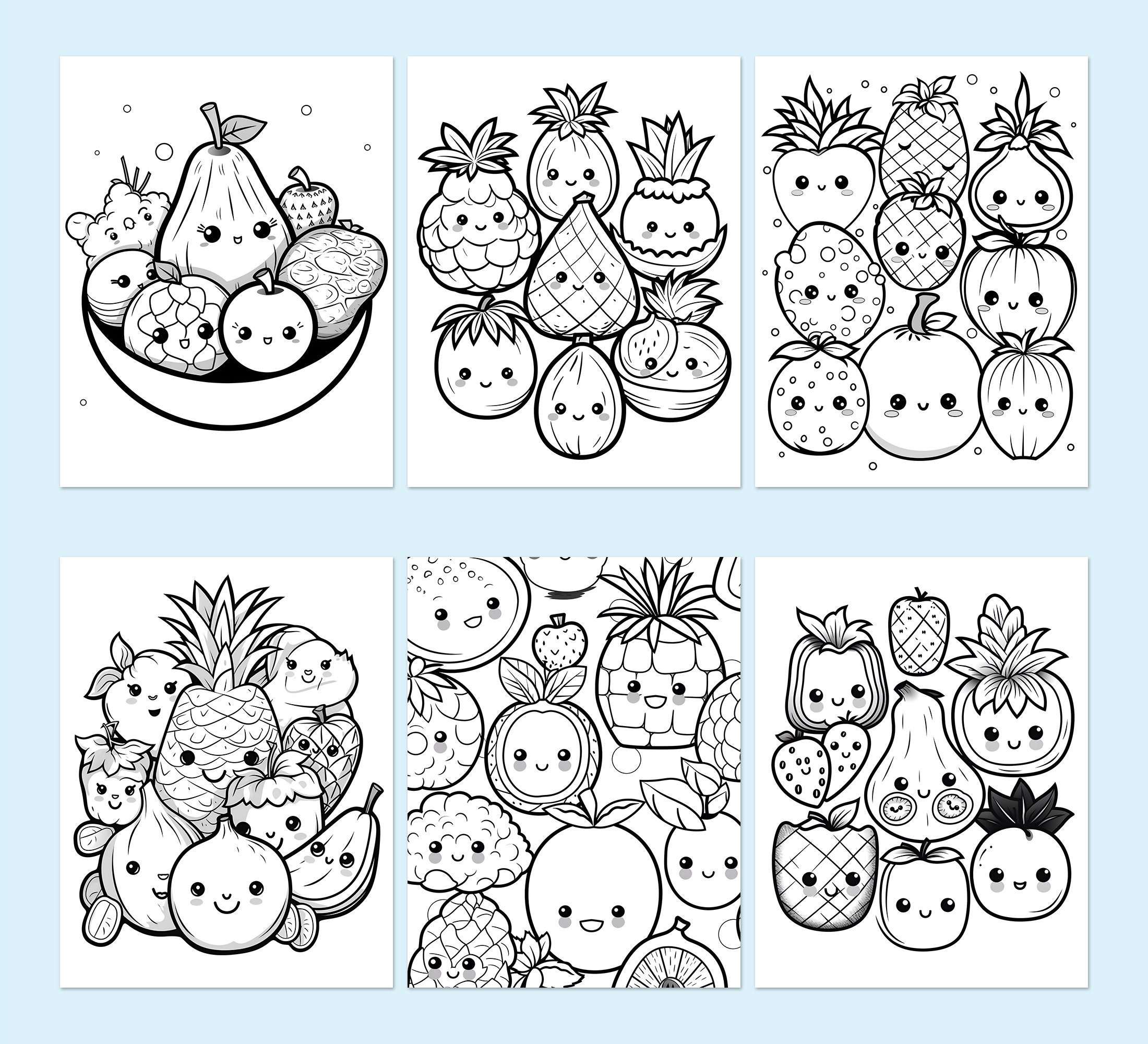 Kawaii Fruits Coloring Book Kids Activity Pages Toddler Sheets Instant ...