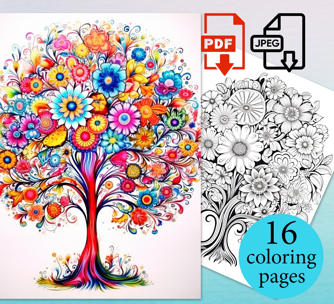 Tree Flowers Coloring Book Floral Pages Adults Kids Activity Sheets ...