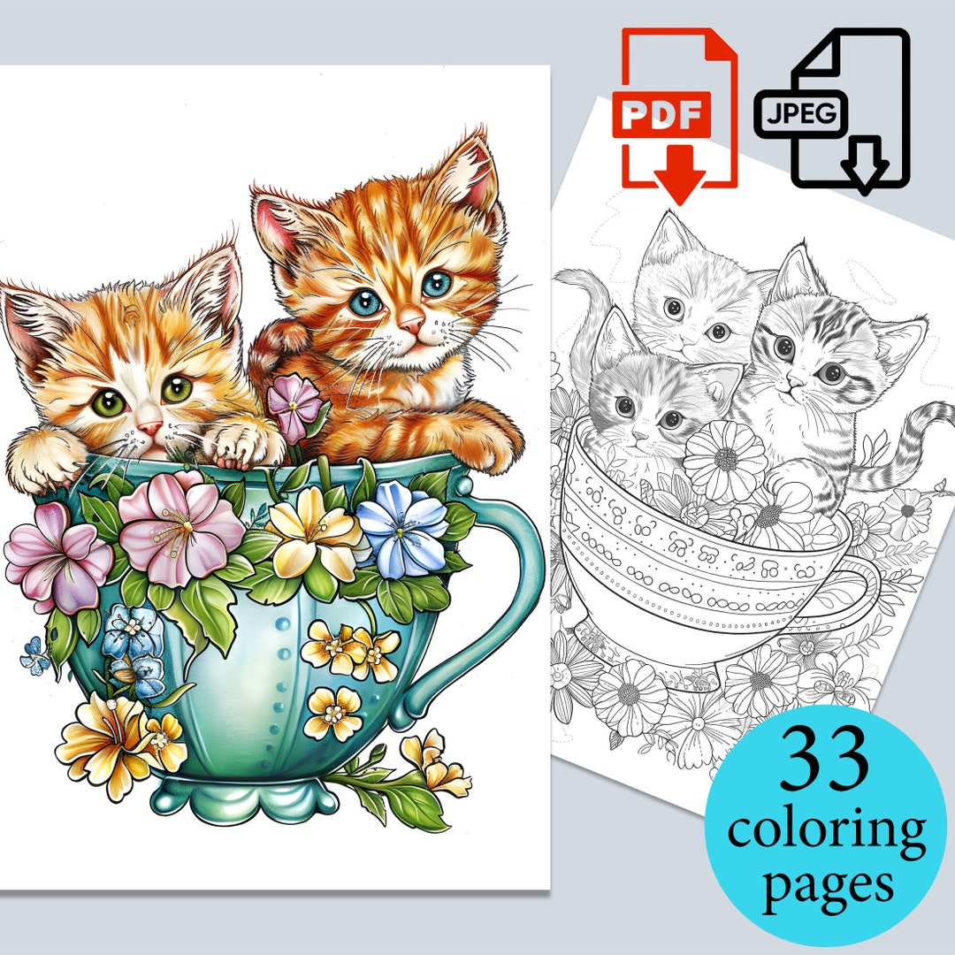 Kittens in Teacup With Flowers Coloring Book Kids Adult Cats in Tea ...
