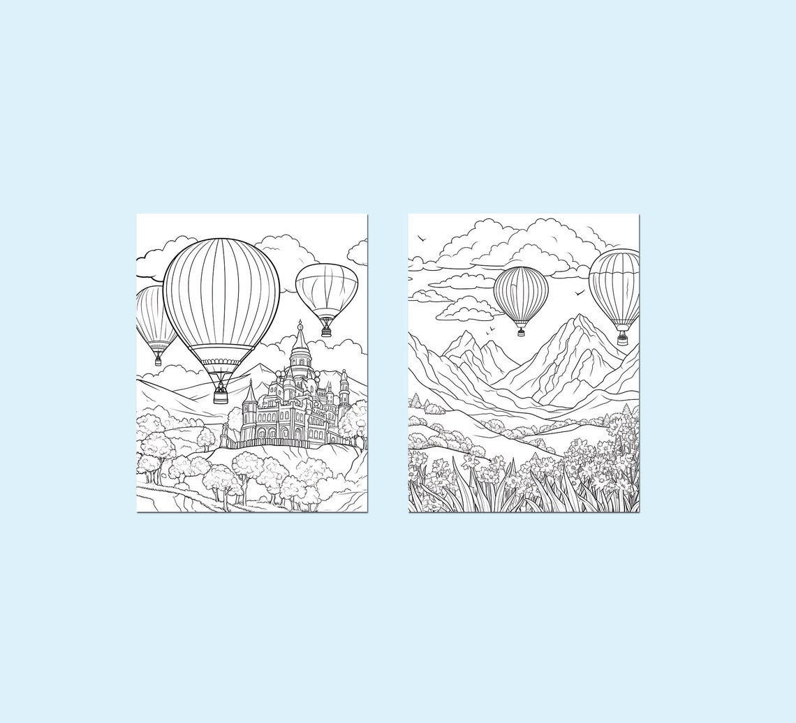 Hot Air Balloon in Landscape Coloring Pages Book Botanical Adult ...