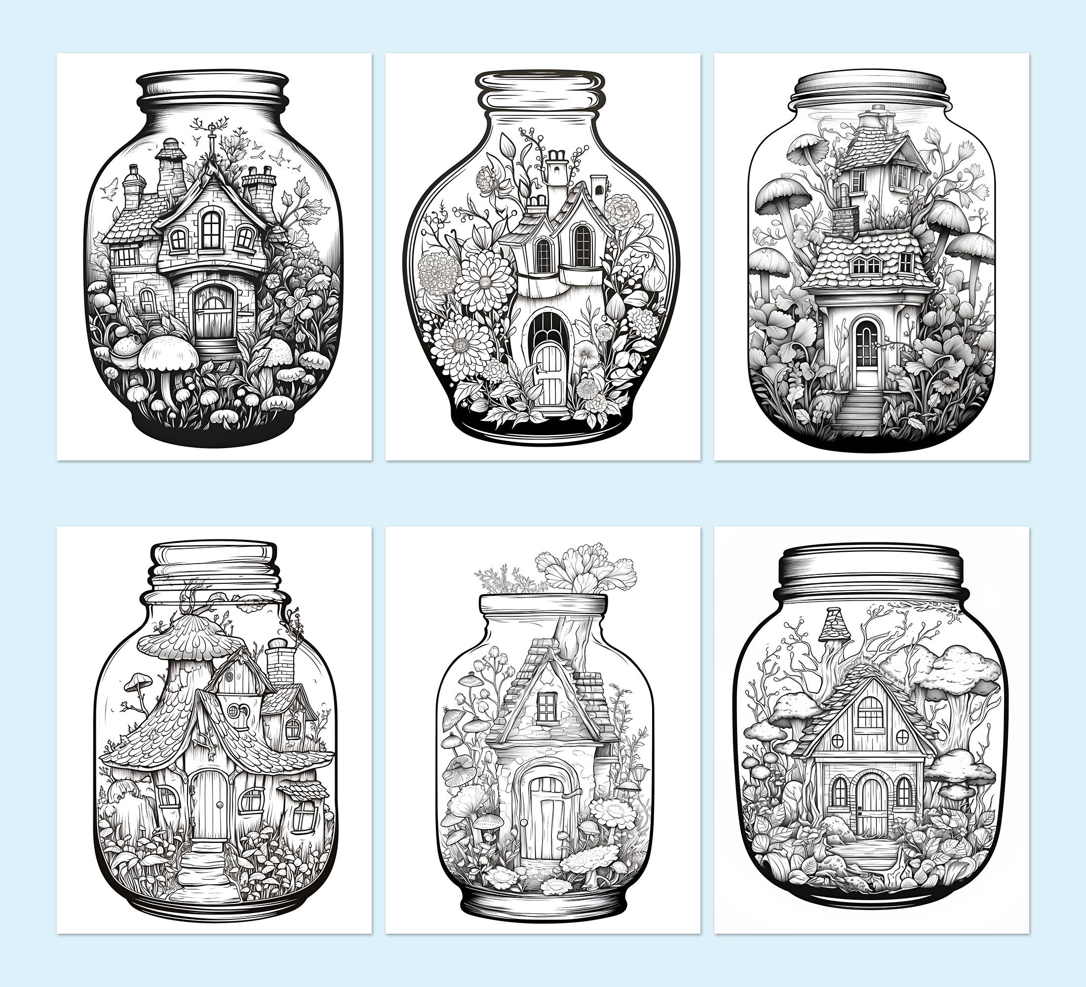 Fairy House in Jar Pages Coloring Book Bottle Adults Kids Activity ...