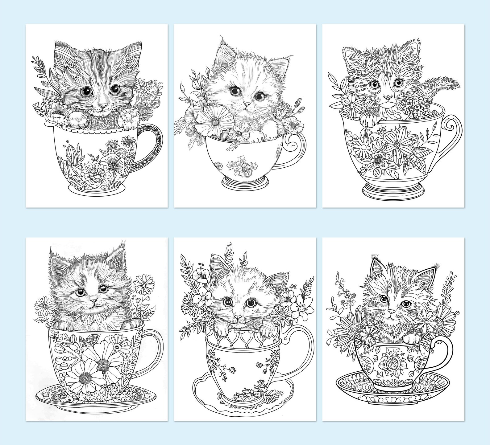 Kittens in Teacup With Flowers Coloring Book Kids Adult Cats in Tea ...