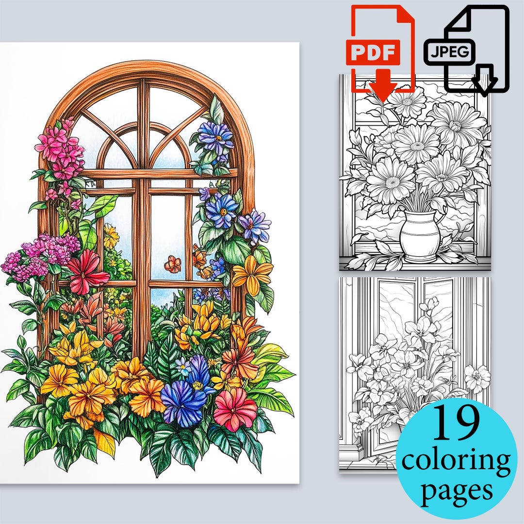 Floral Window Coloring Pages Flowers Adult Activity Digital Kids Books ...