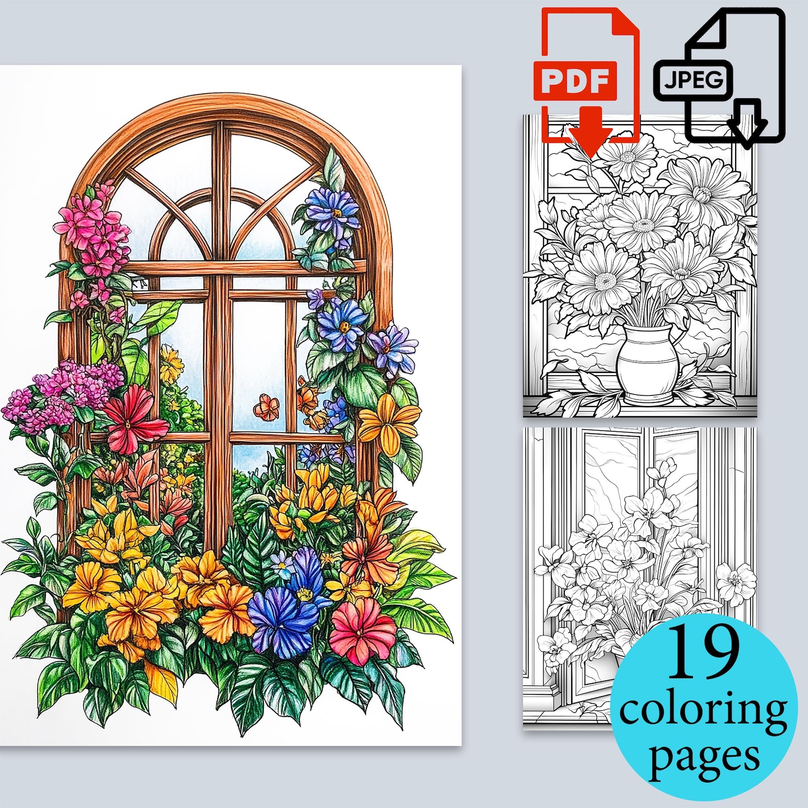 Floral Window Coloring Pages Flowers Adult Activity Digital Kids Books ...