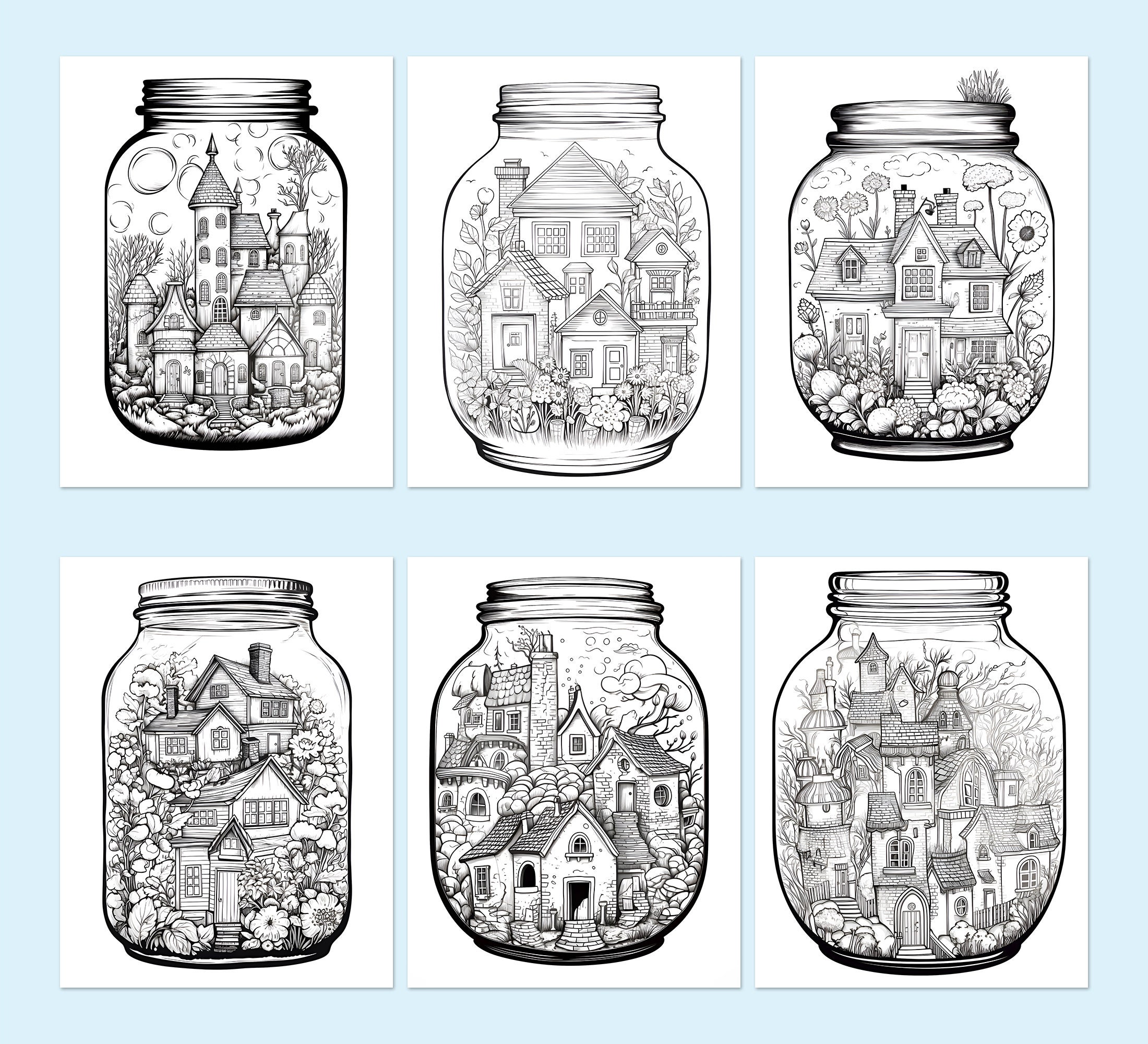 Houses With Flowers in Jar Coloring Book Nature in Bottle Pages Adults ...