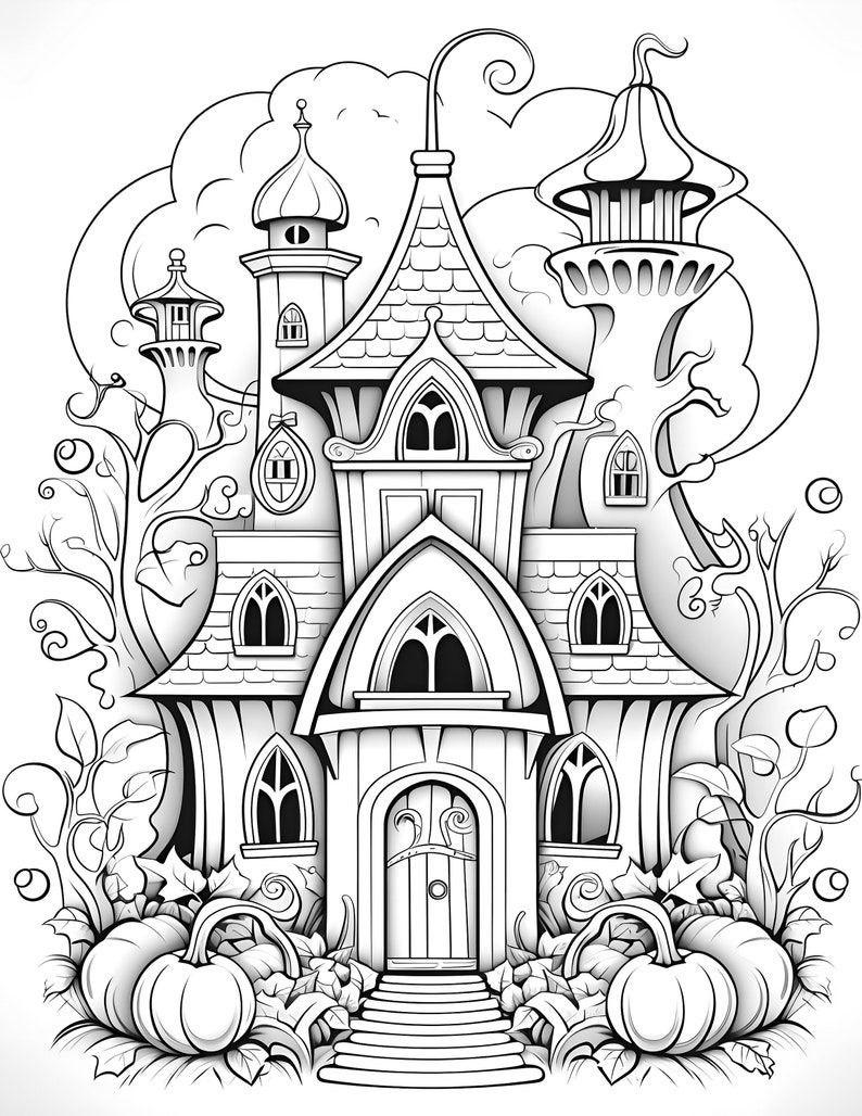 Halloween House Pumkins Coloring Book Adults Digital Page Kids Fantasy ...