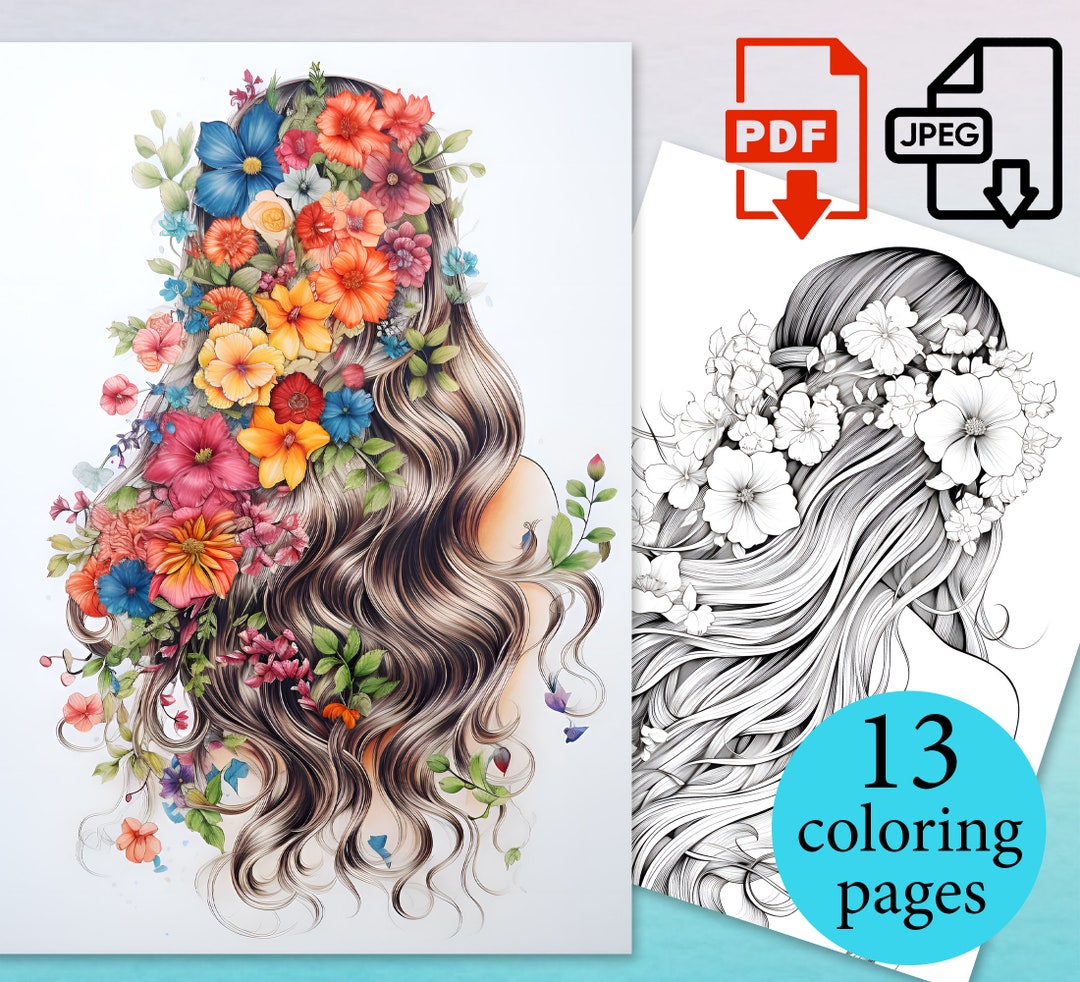 Hair Flower Coloring Book Hairstyles Beautiful Girl Lady Coloriage ...