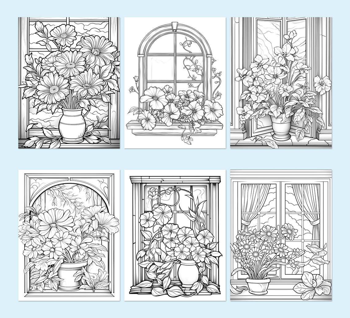 Floral Window Coloring Pages Flowers Adult Activity Digital Kids Books ...