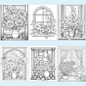 Floral Window Coloring Pages Flowers Adult Activity Digital Kids Books ...