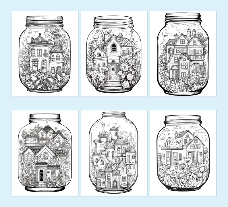 Houses With Flowers in Jar Coloring Book Nature in Bottle Pages Adults ...