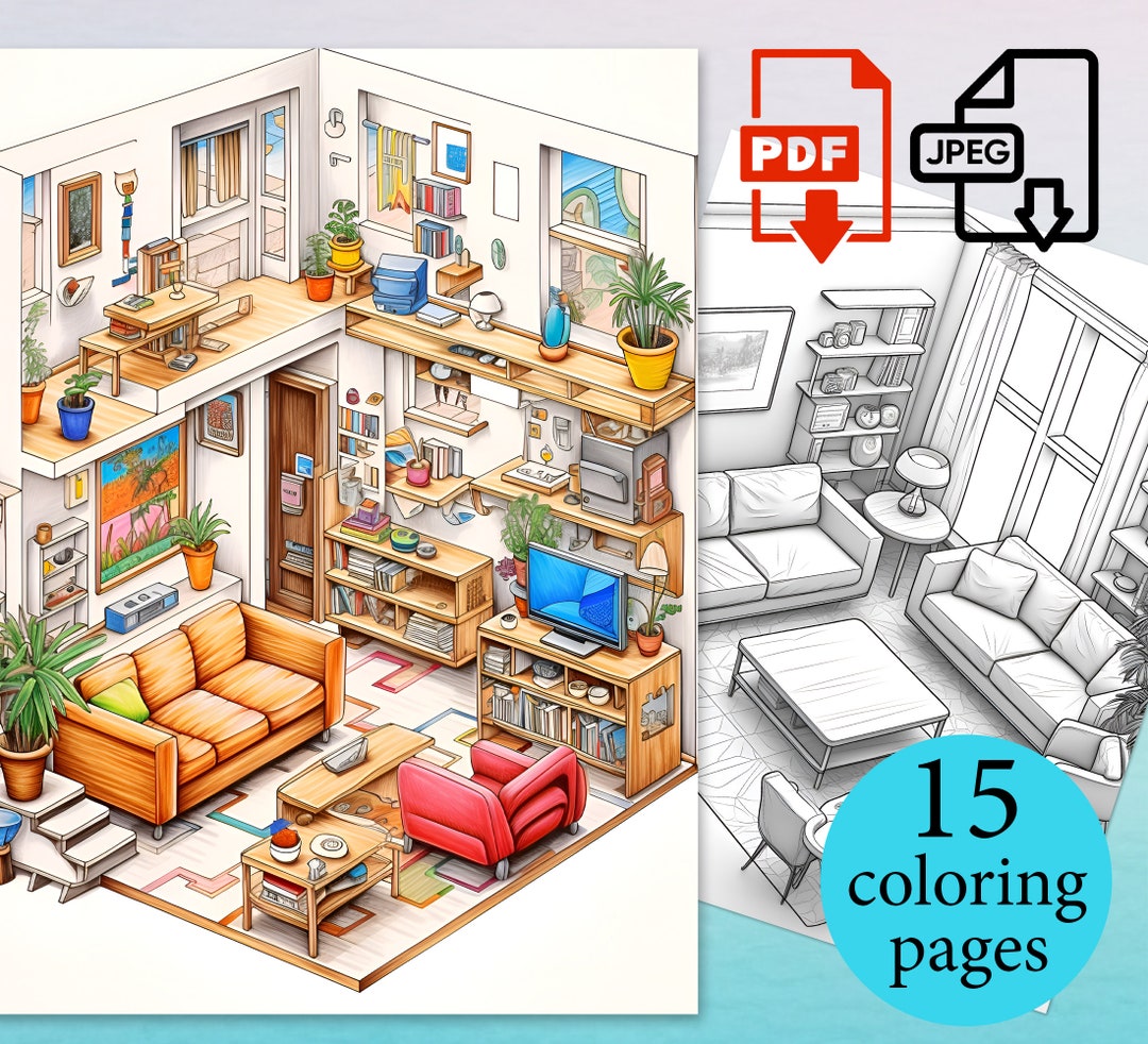 Isometric Interior Room Coloring Pages Kids Adult Digital Books Living ...