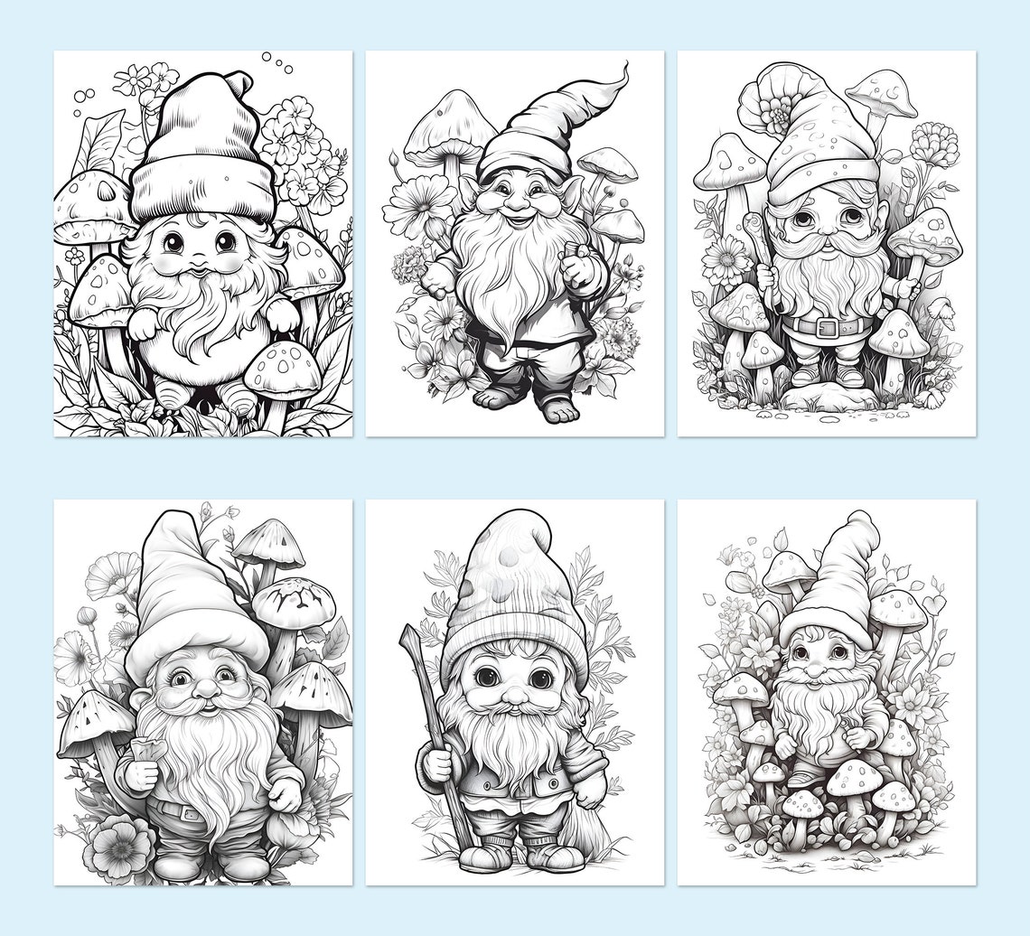 Gnome Coloring Book Adults Kids Activity Pages Coloriage Sheets Instant ...
