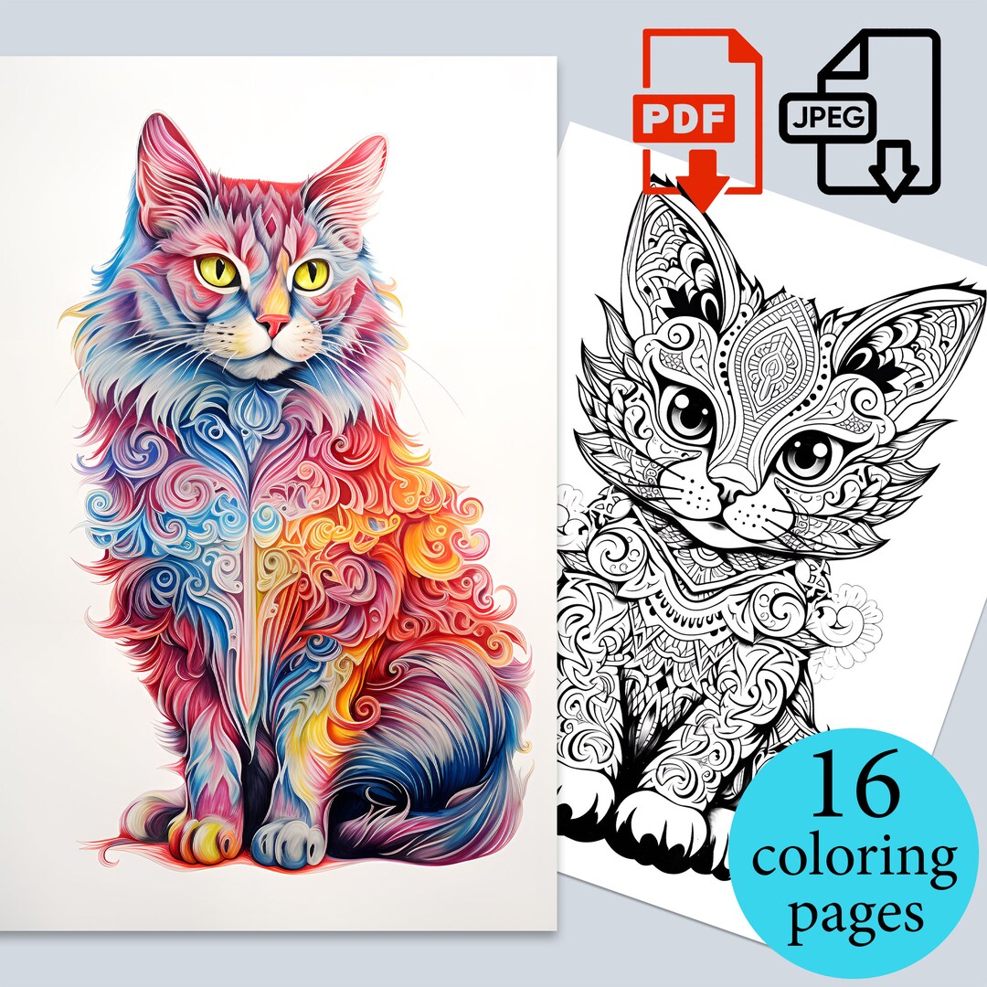 Cats Mandala Coloring Pages Adults Activity Pages Kids Sheets Relax ...