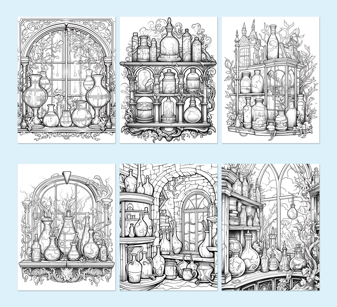 Mystical Fantasy Magic Potions Bottles Coloring Book Magic Pages Adults ...