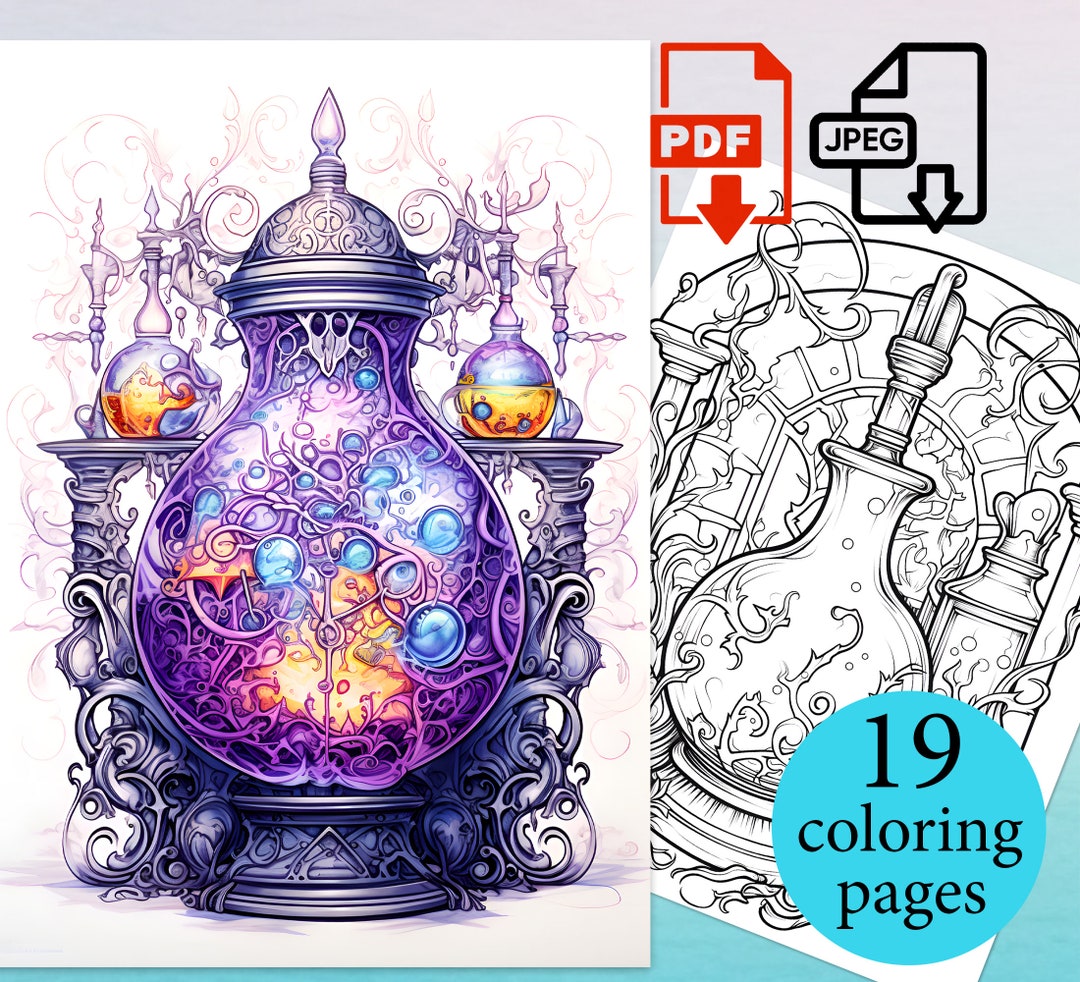 Mystical Magic Fantasy Potion Bottles Coloring Book Magic Pages Adults ...