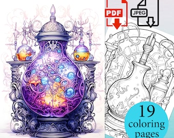 Flowers Fantasy Potion Bottles Coloring Book Magic Floral Pages Adults ...