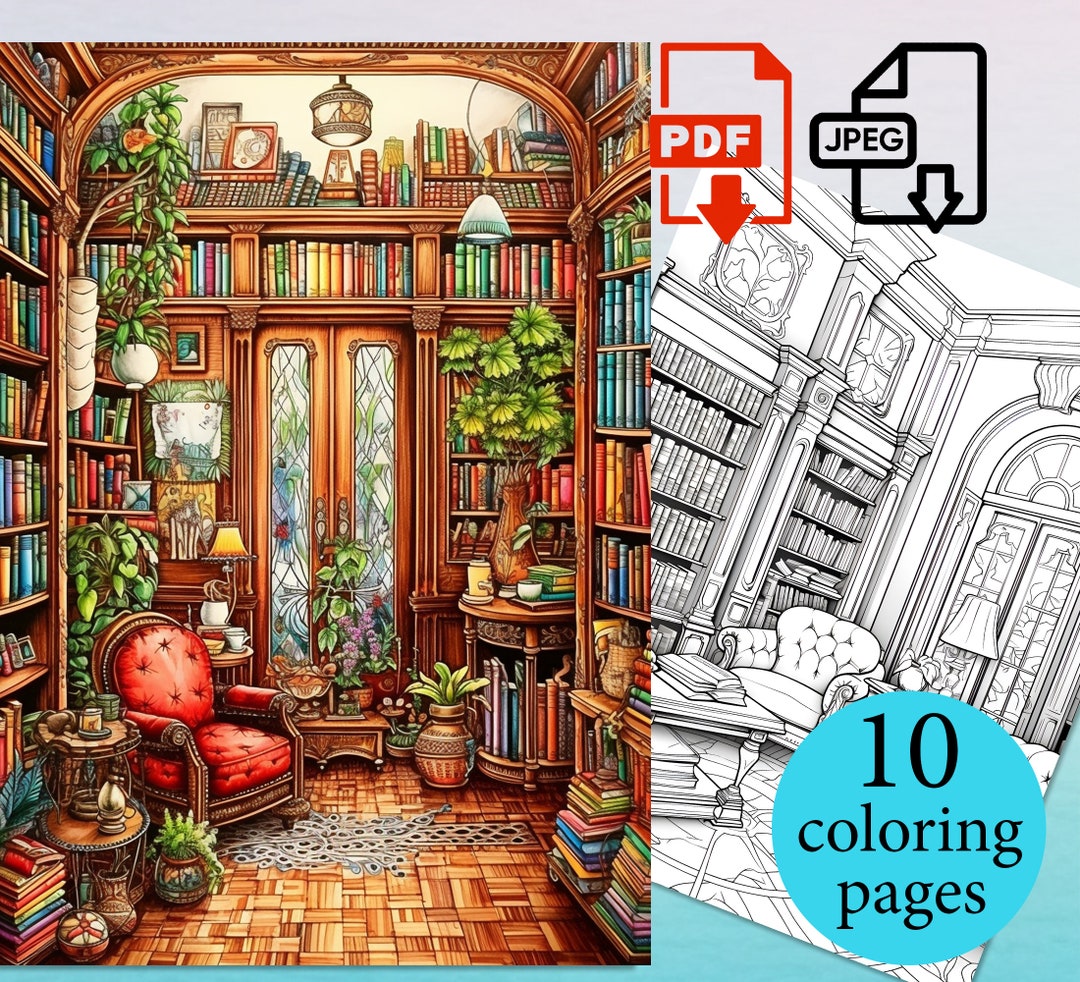 Library Room Interior Design Coloring Pages Adult Activity Kids Books ...