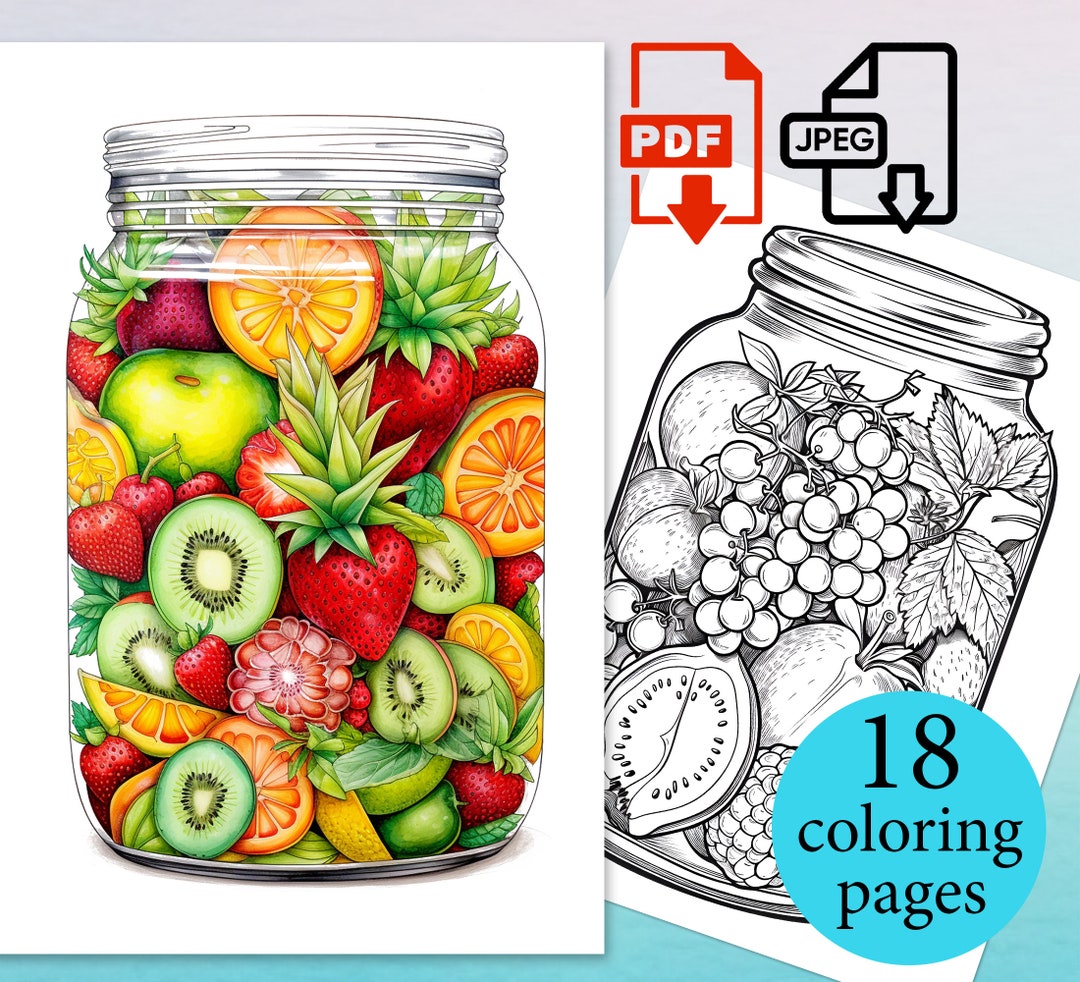 Fruits in Jar Coloring Book Fruits in Bottle Pages Adults Kids Activity ...