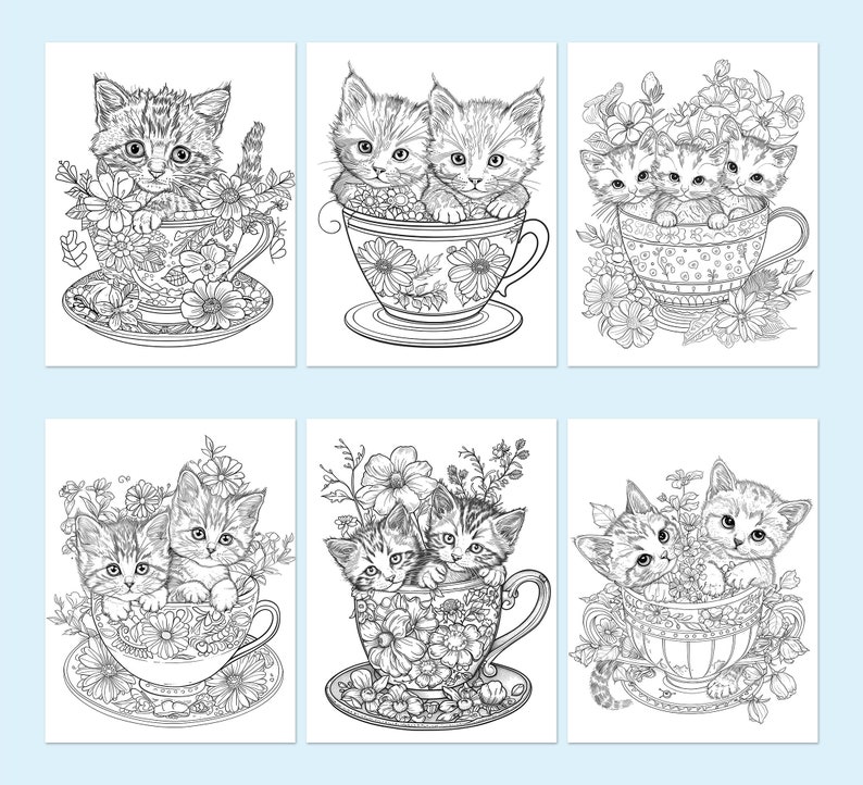 Kittens in Teacup With Flowers Coloring Book Kids Adult Cats in Tea ...