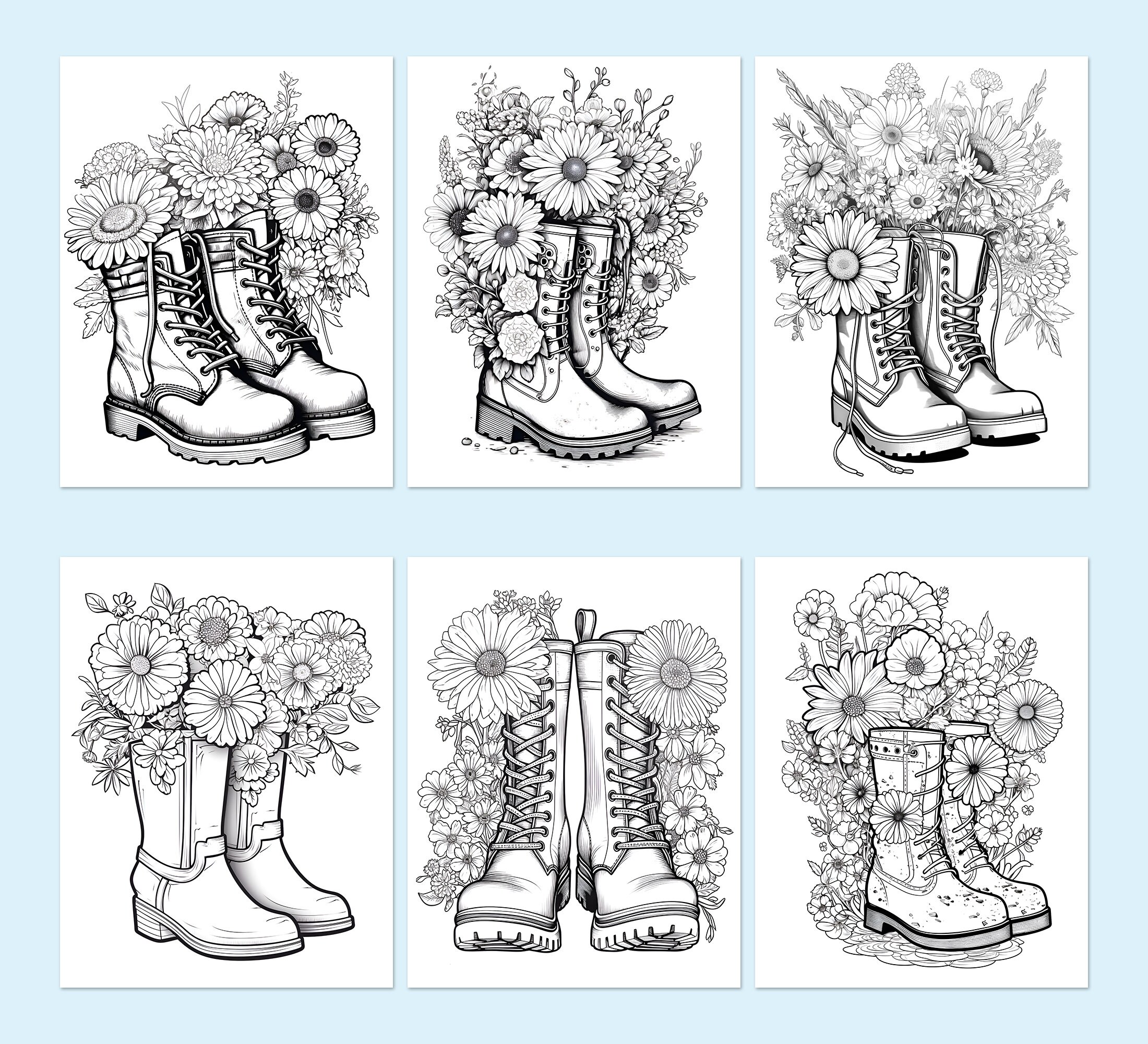 Blooming Boots Coloring Book Floral Pages Adults Flowers Kids Digital ...