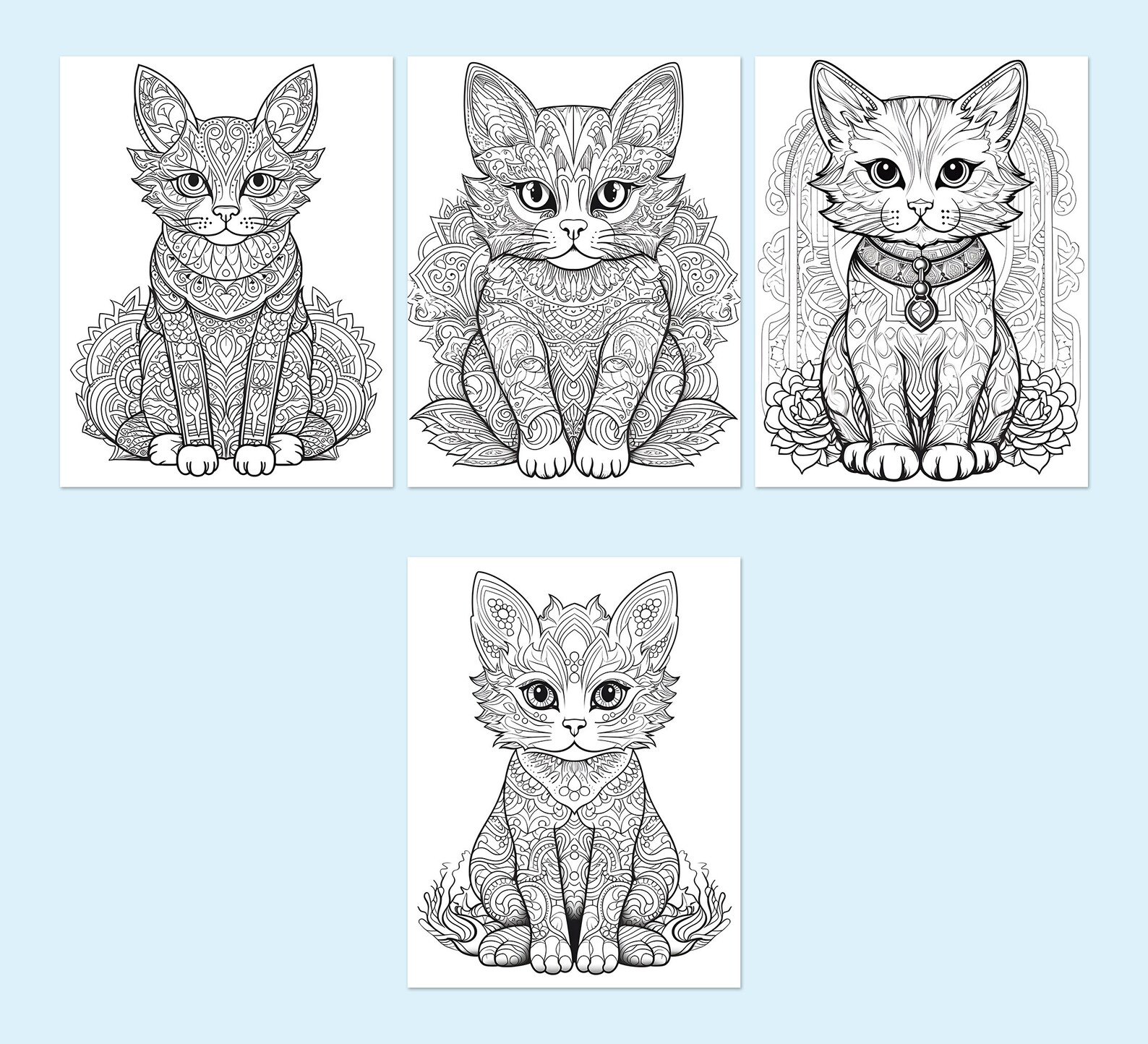 Cats Mandala Coloring Pages Adults Activity Pages Kids Sheets Relax ...