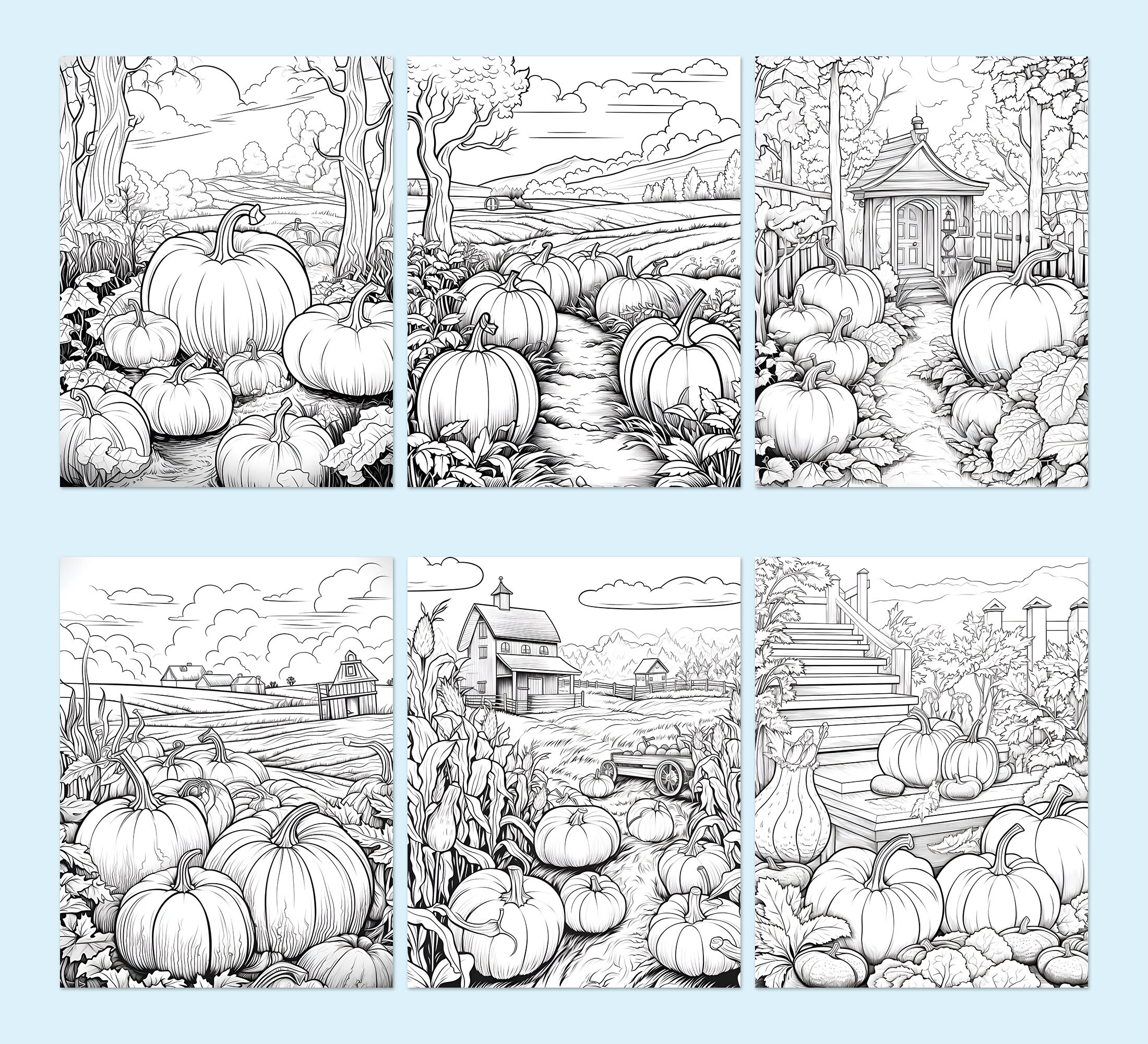 Pumpkin Landscape Coloring Pages Kids Autumn Book Adult Activity ...