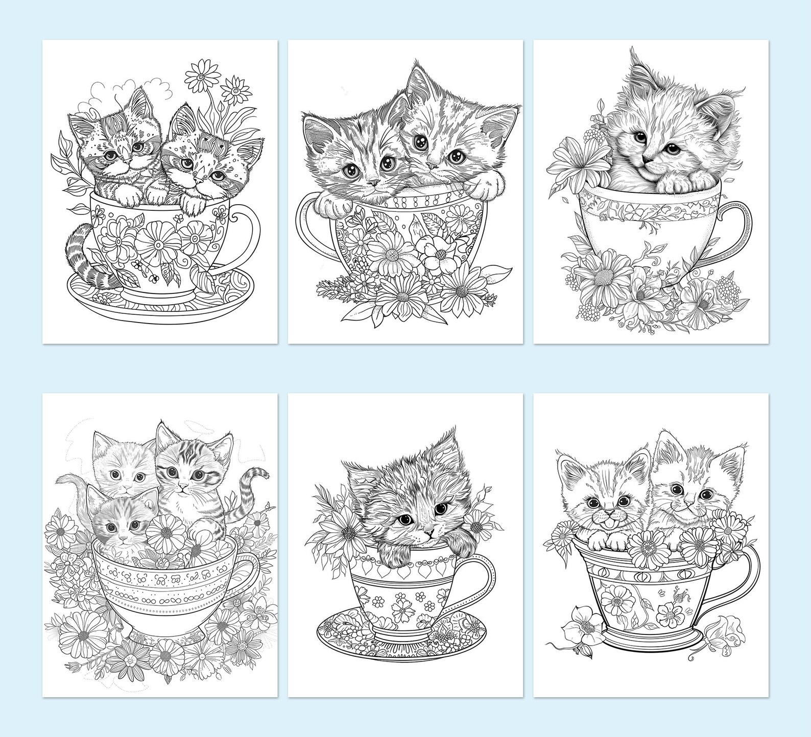 Kittens in Teacup With Flowers Coloring Book Kids Adult Cats in Tea ...