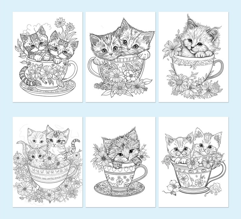 Kittens in Teacup With Flowers Coloring Book Kids Adult Cats in Tea ...