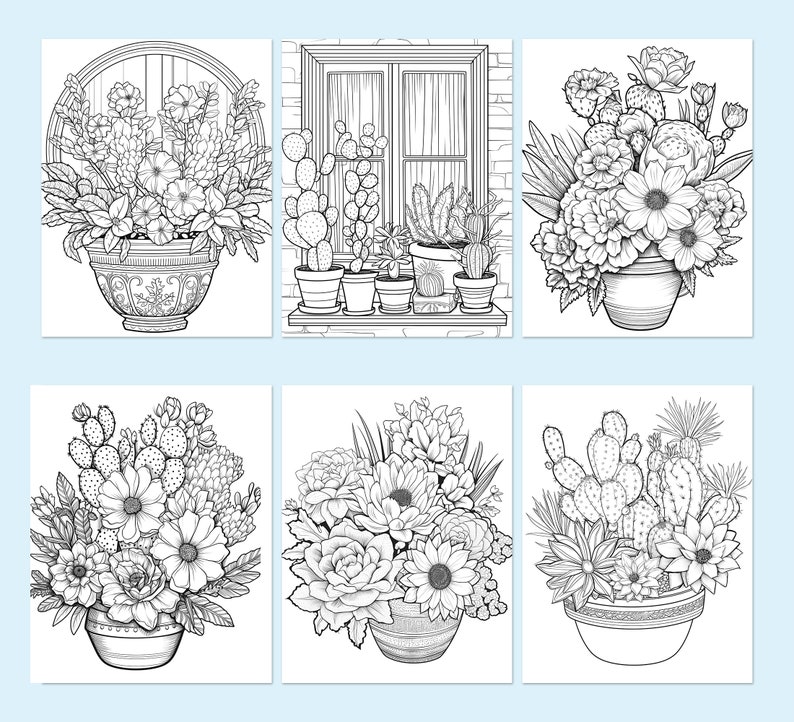 Flowers Cactus Printable Coloring Book Floral Pages Botanical Kids ...