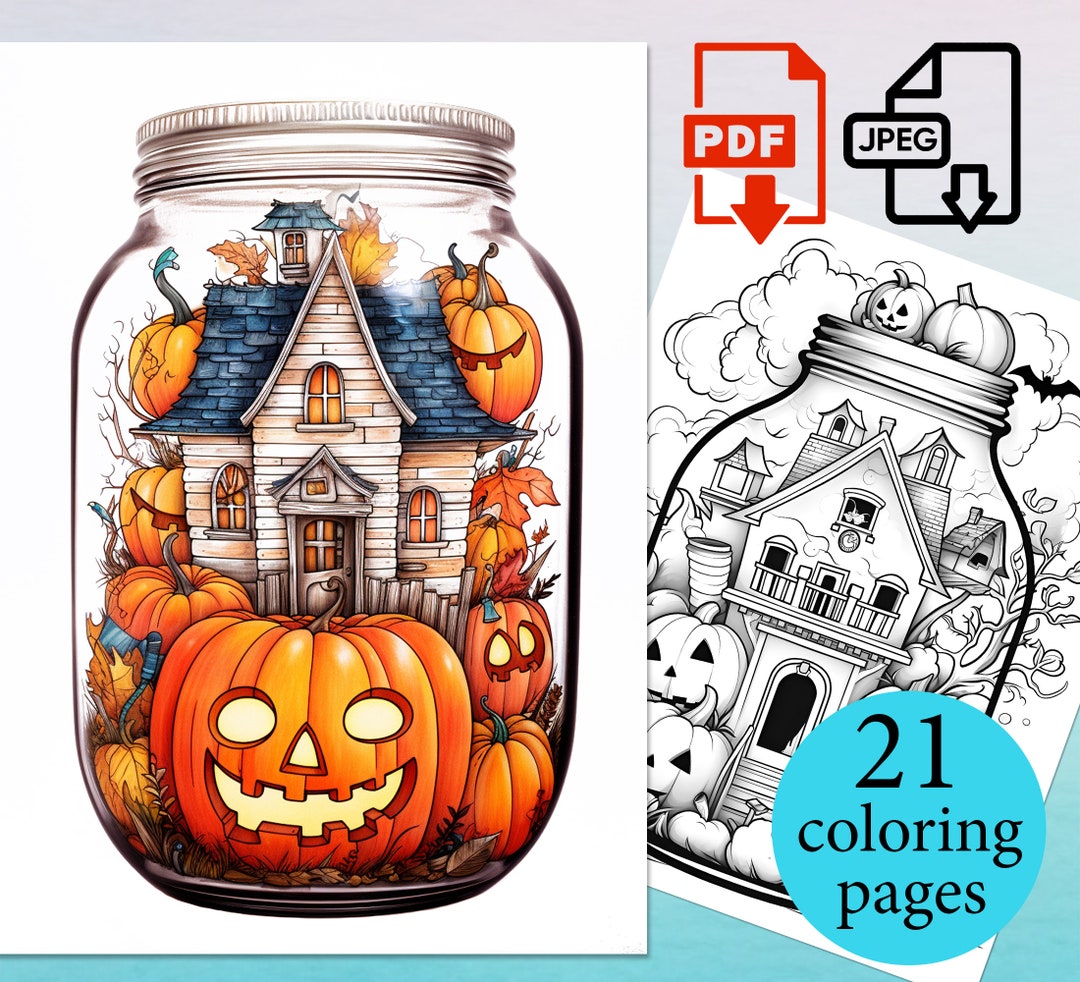 Halloween Pumpkin House Coloring Book Adults Kids Activity Pages Skull ...