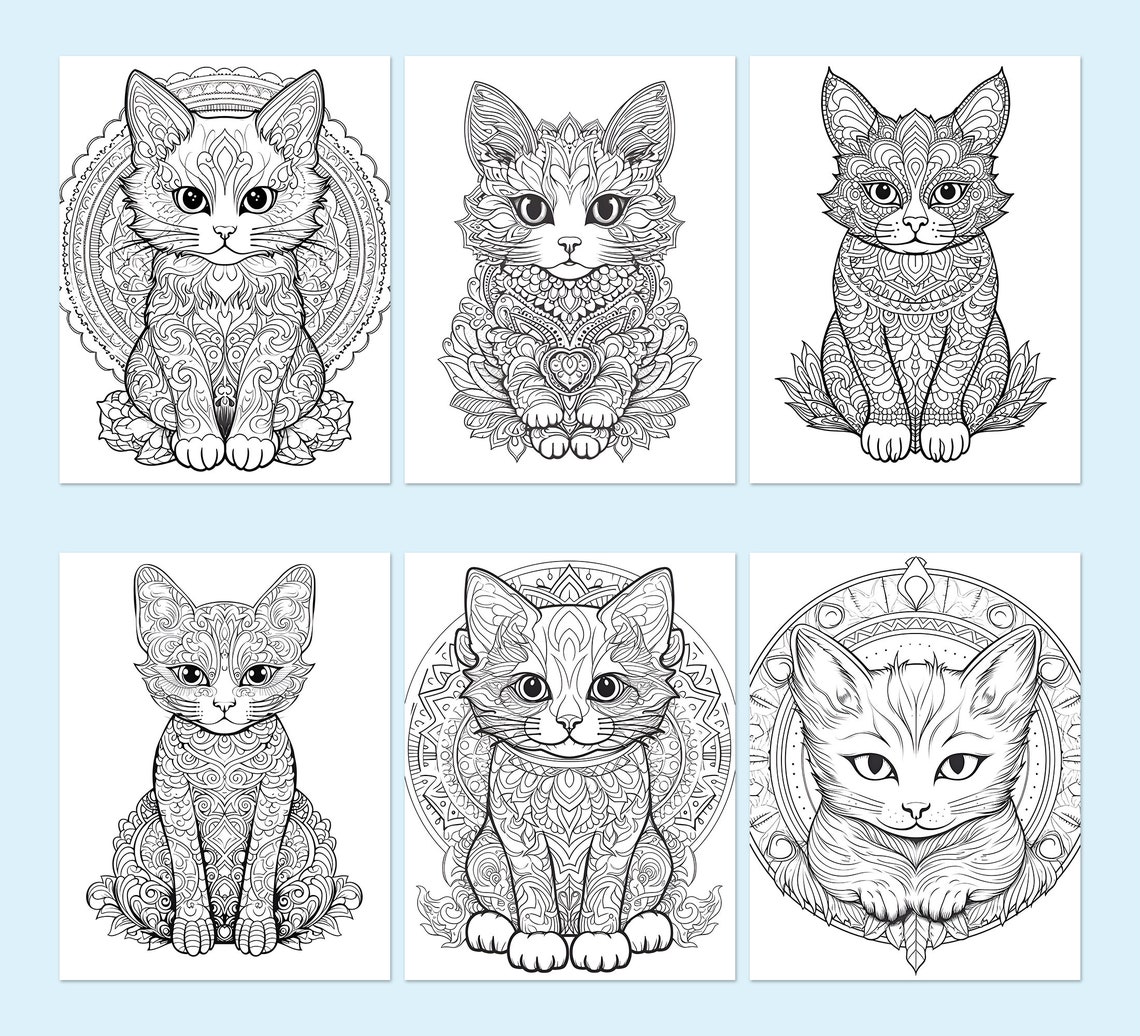 Cats Mandala Coloring Pages Adults Kids Activity Book Coloriage Sheets ...