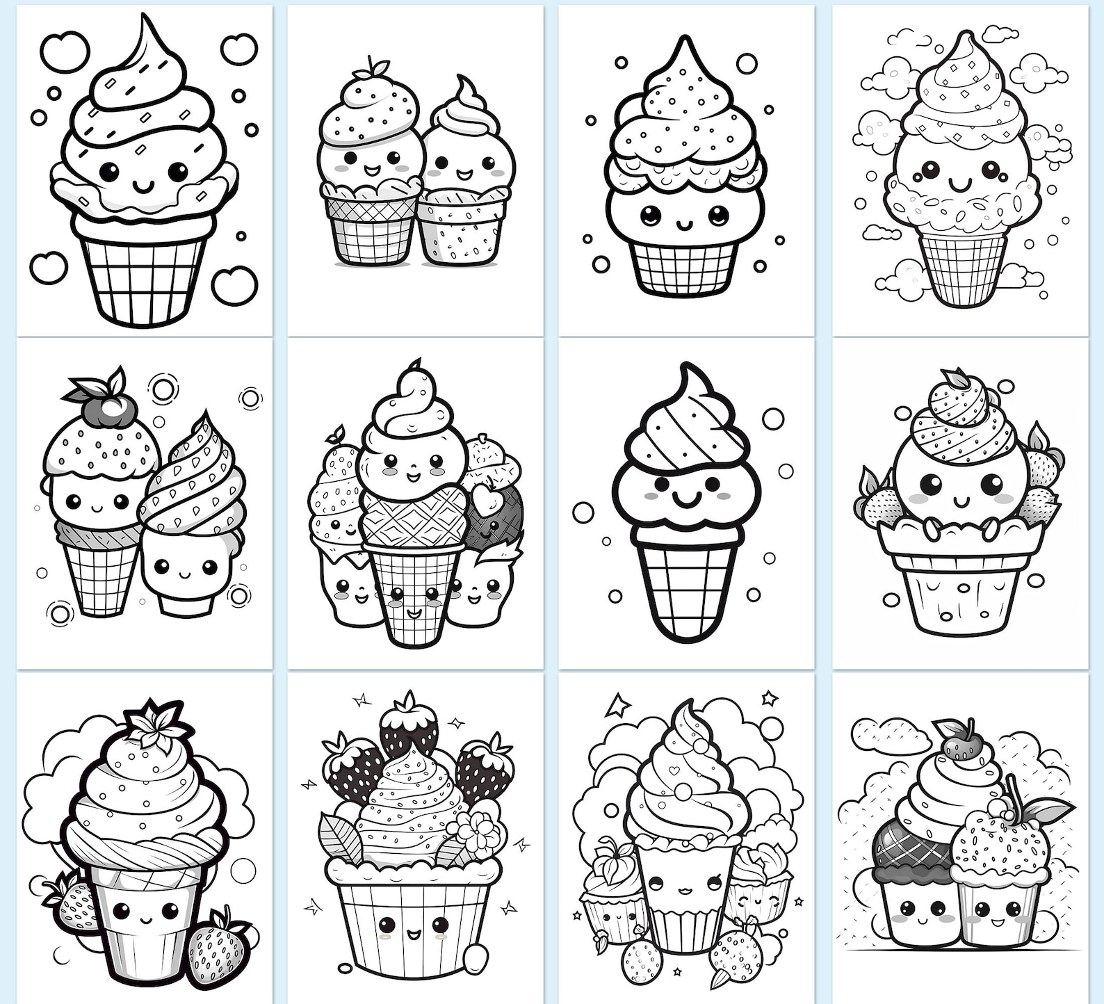 Ice Cream Coloring Book Kawaii Kids Activity Pages Toddler Sheets ...