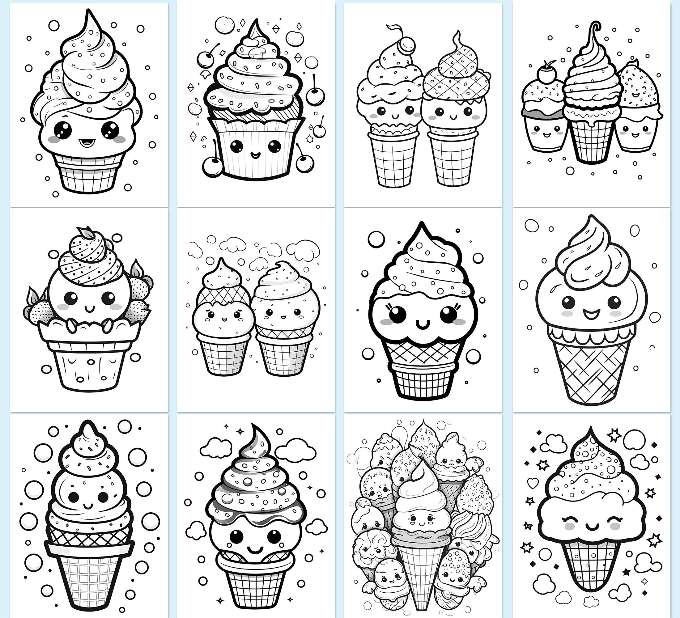 Ice Cream Coloring Book Kawaii Kids Activity Pages Toddler Sheets ...