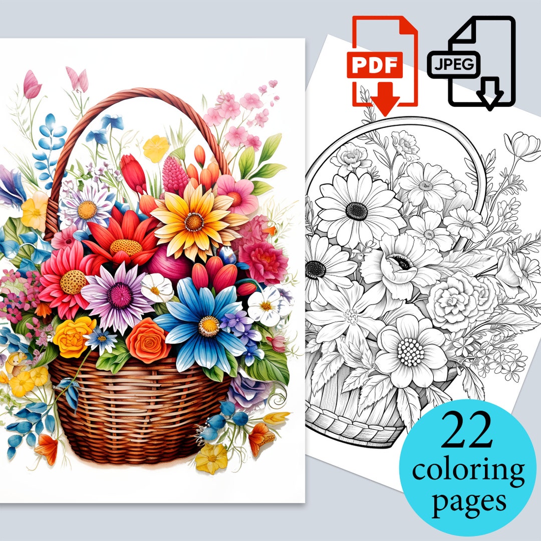 Flowers Basket Coloring Book Blooming Floral Activity Pages Adults ...
