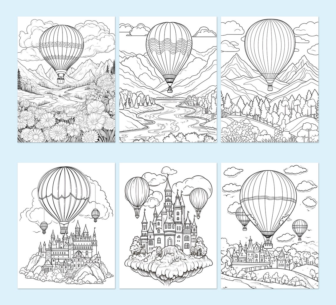 Hot Air Balloon in Landscape Coloring Pages Book Botanical Adult ...