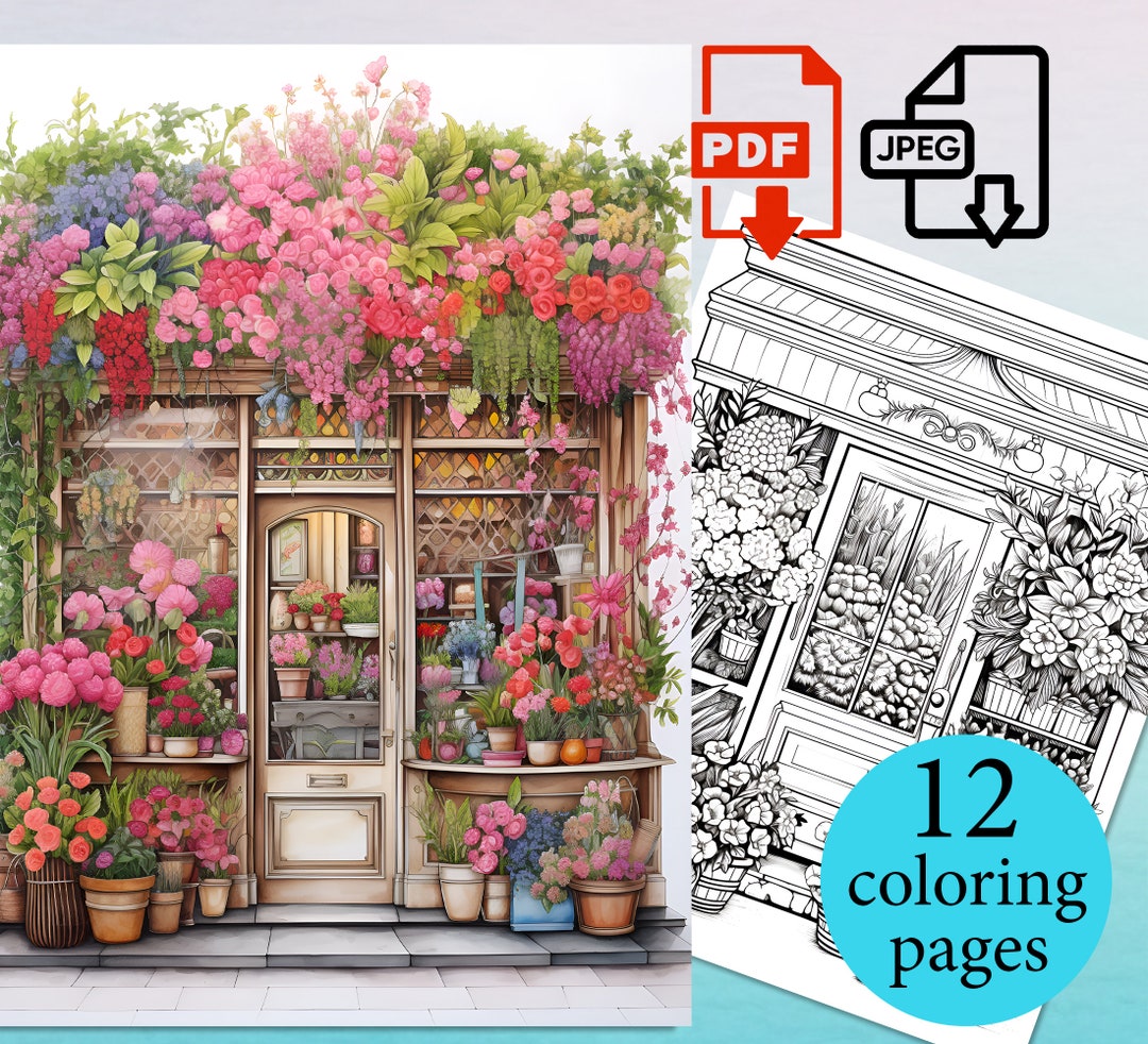 Flower Shop Architecture Coloring Pages Floral Book Botanical Adult ...