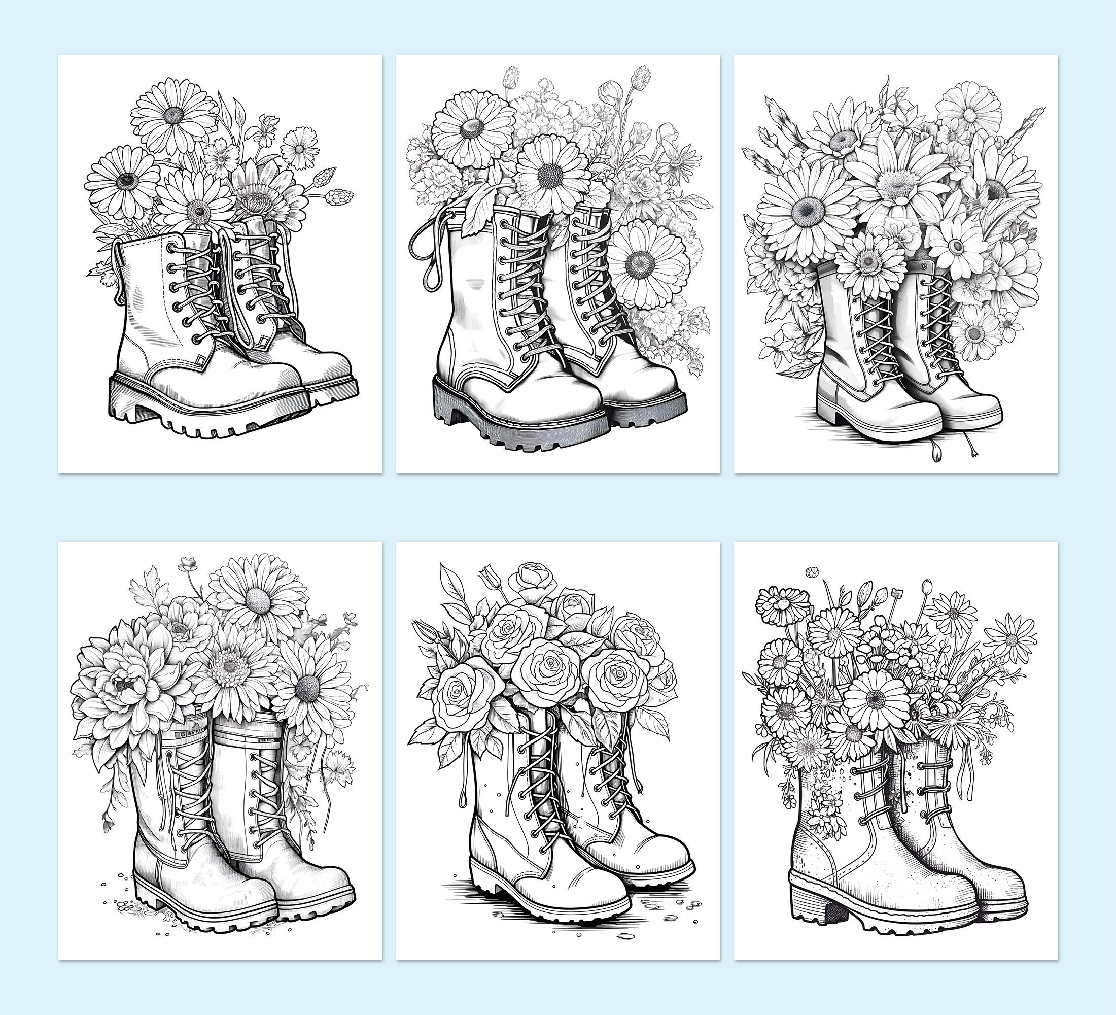 Blooming Boots Coloring Book Flowers Pages Adults Kids Floral Digital ...