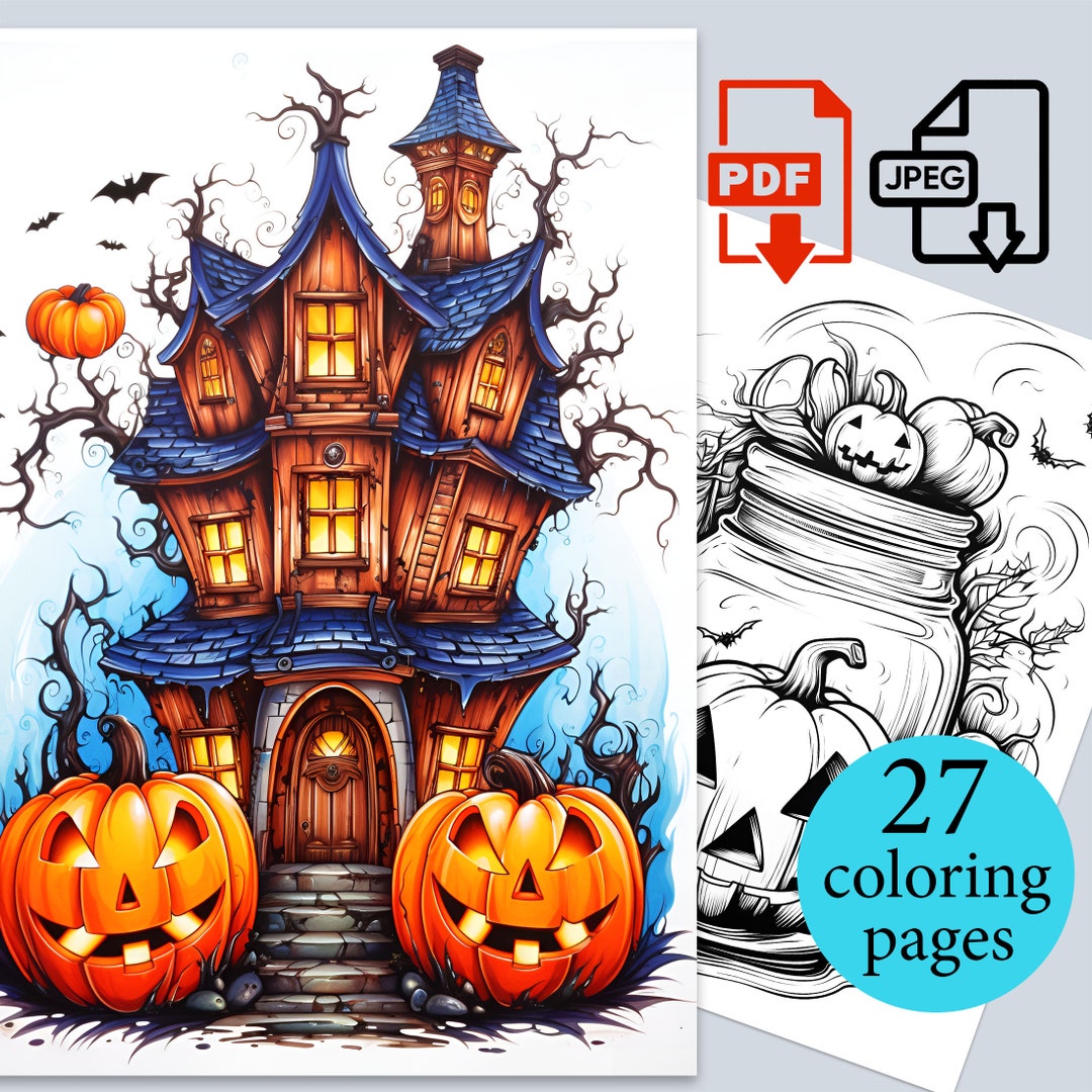 Halloween Pumpkin House Coloring Pages Adults Kids Activity Book Skull ...
