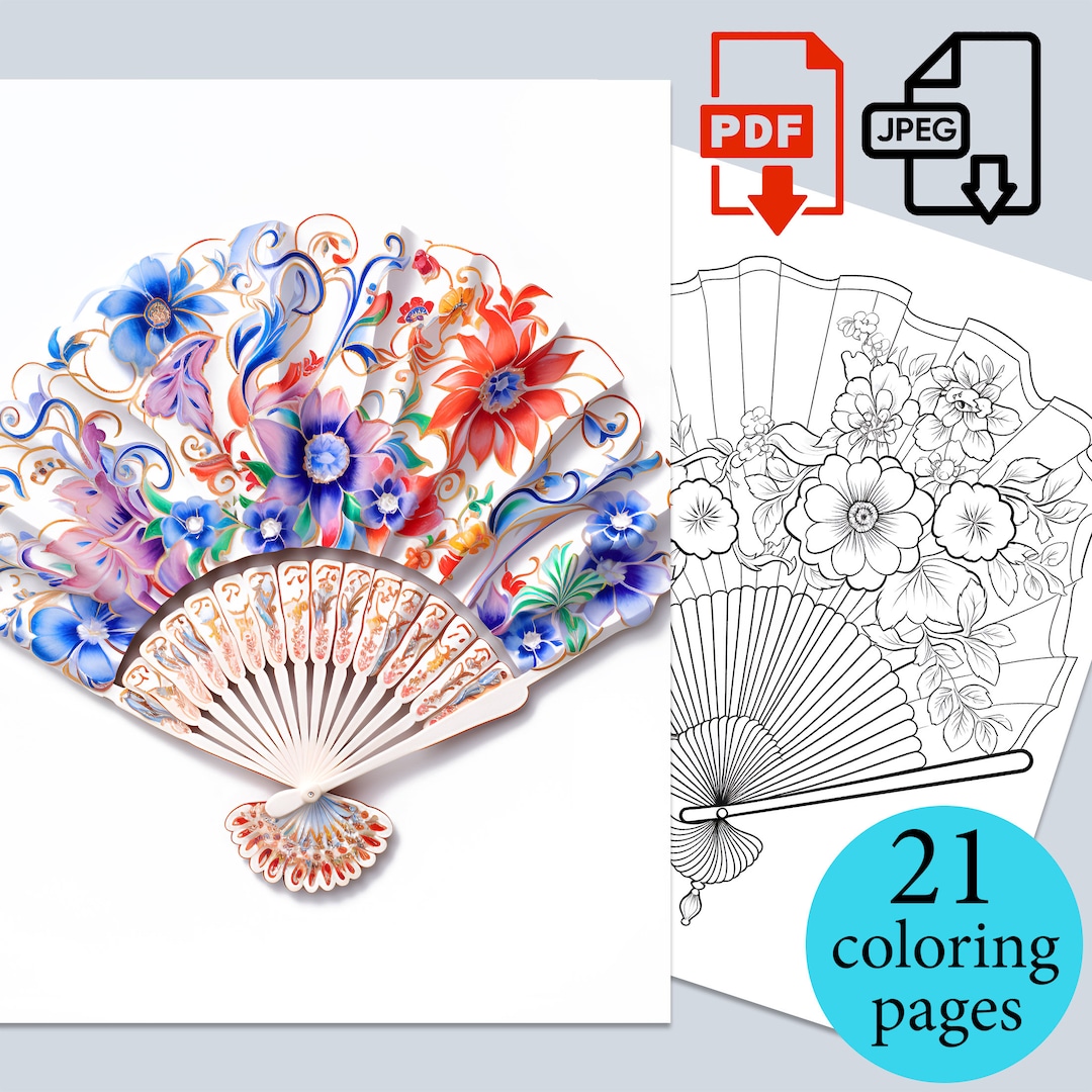 Japonese Fans Flowers Coloring Book Kids Adult Asian Floral Coloriage ...