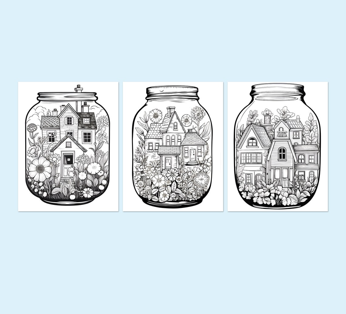 Houses With Flowers in Jar Coloring Book Nature in Bottle Pages Adults ...