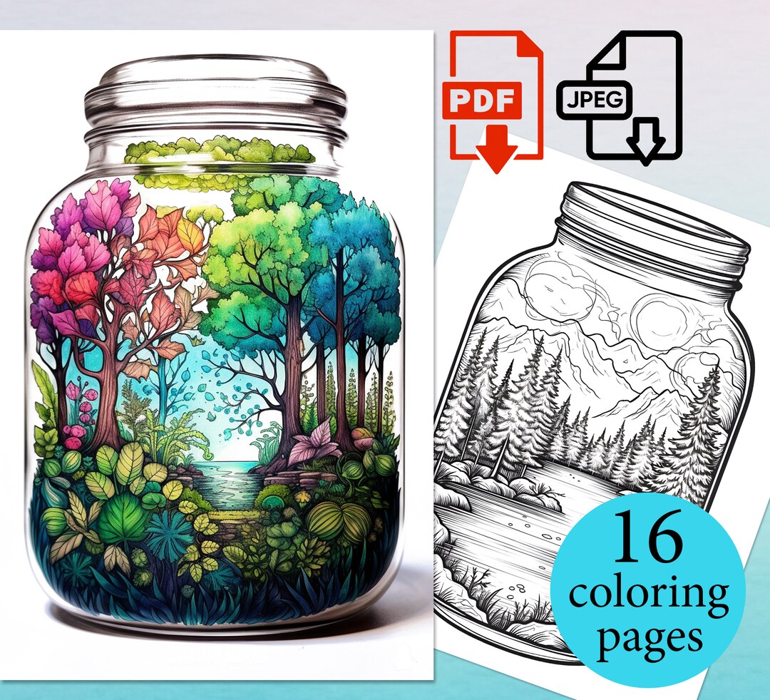 Landscape in Jar Coloring Book Nature in Bottle Pages Adults Kids ...