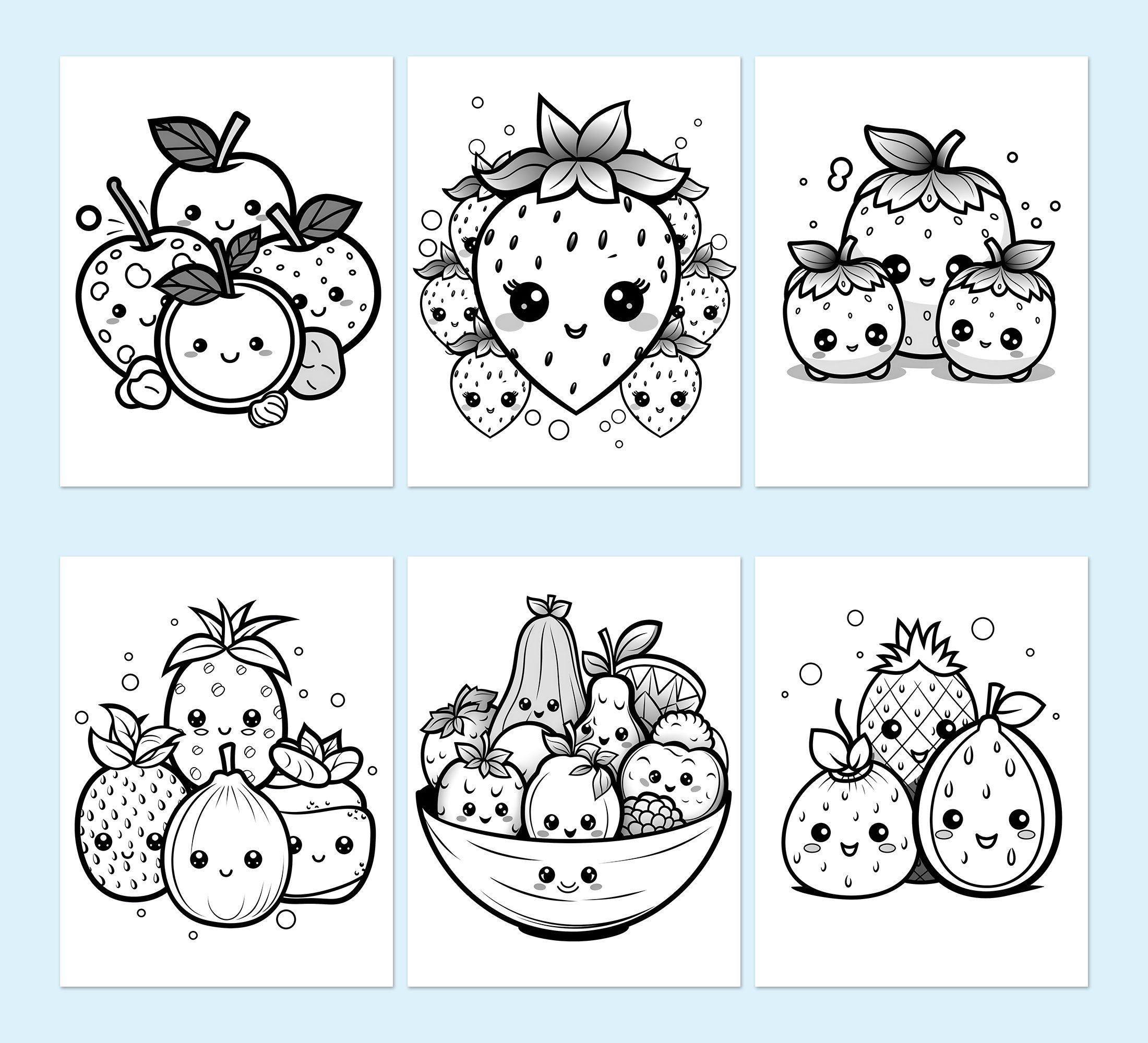 Kawaii Fruits Coloring Book Kids Activity Pages Toddler Sheets Instant ...