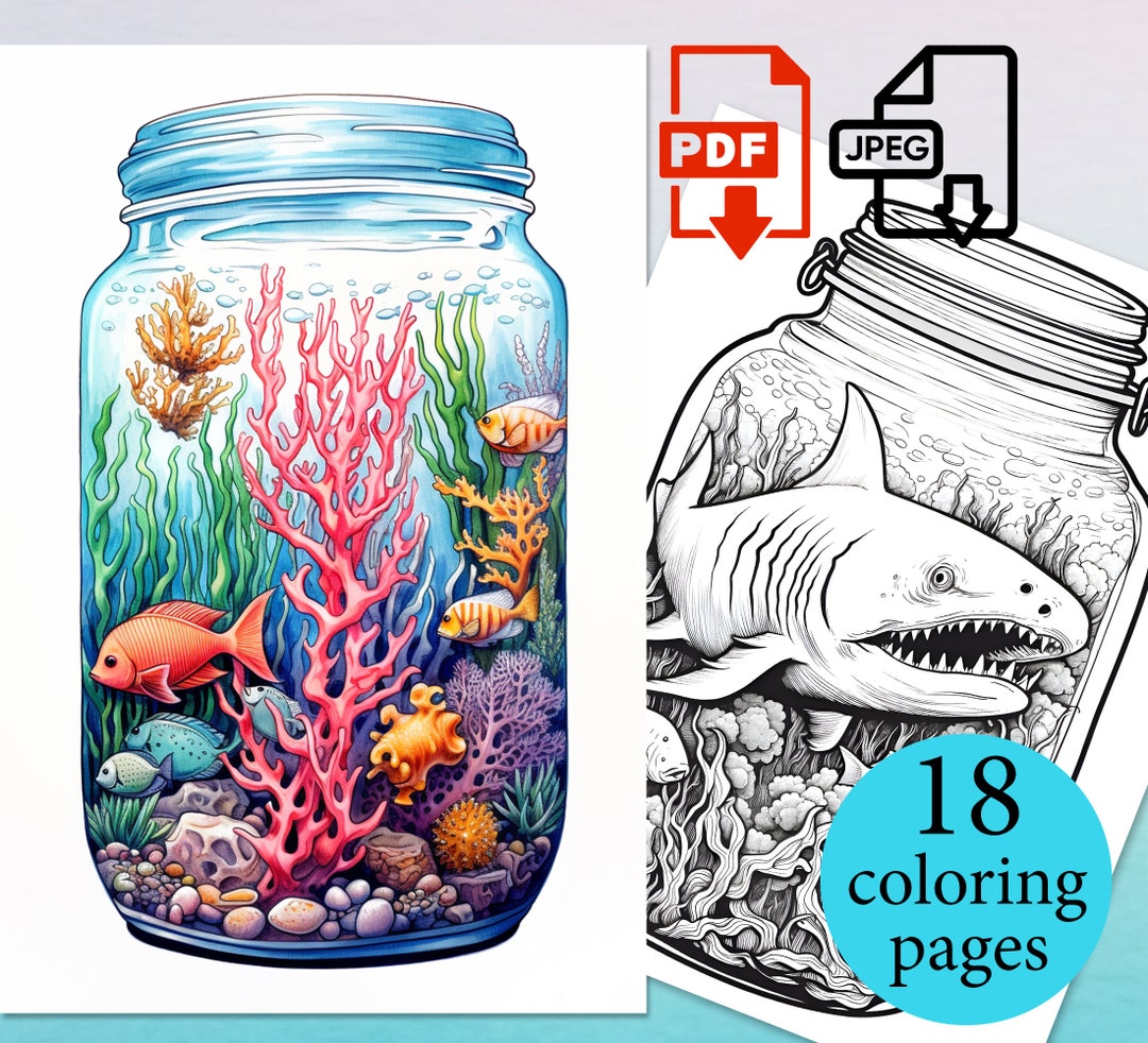 Sea Animals in Jar Coloring Book Bottle Pages Adults Kids Activity ...