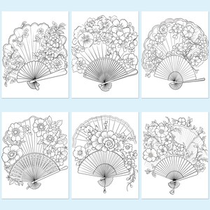 Japonese Fans Flowers Coloring Book Kids Adult Asian Floral Coloriage ...